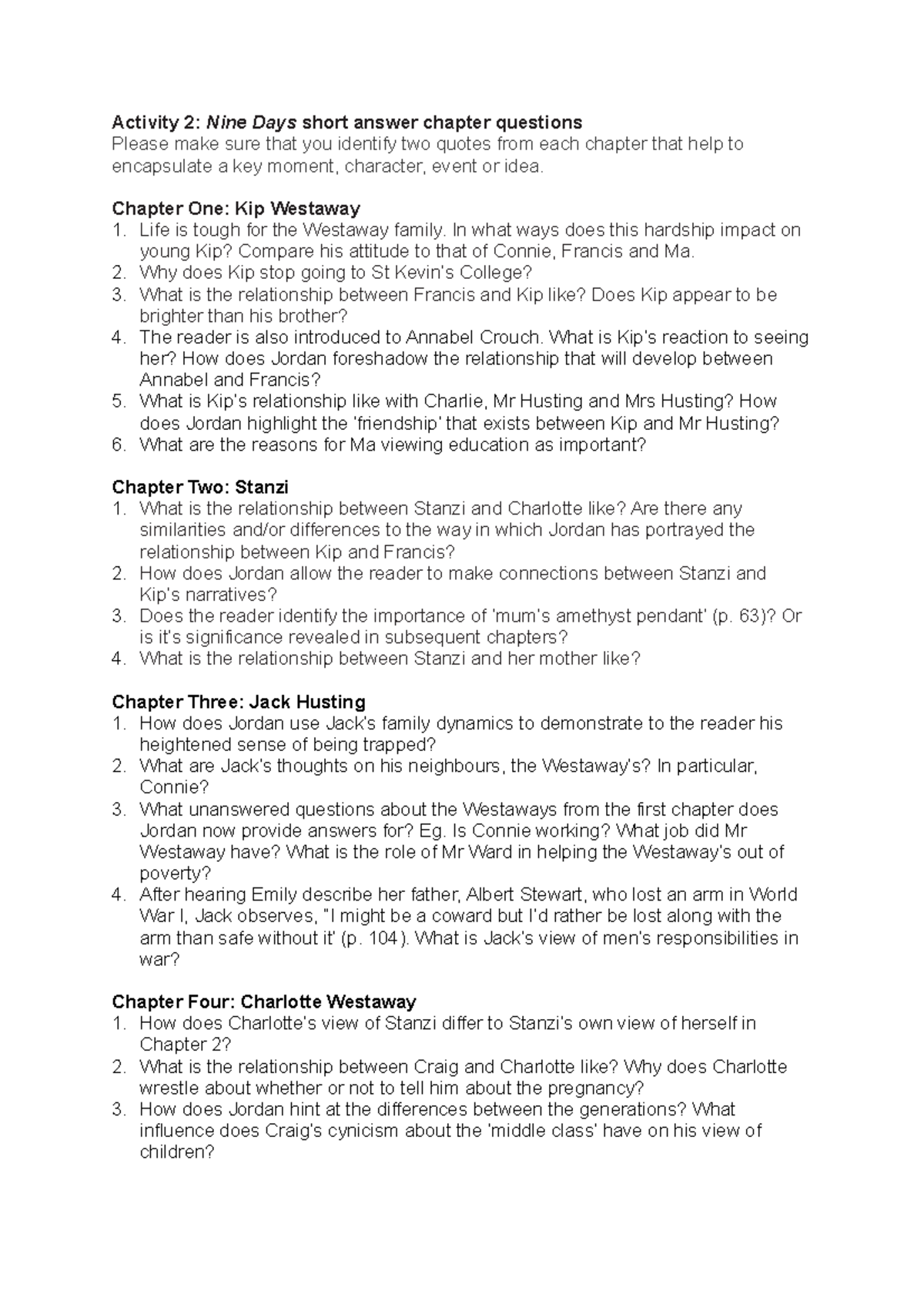 Week 7 nine days short answer 1-5 - Activity 2: Nine Days short answer ...