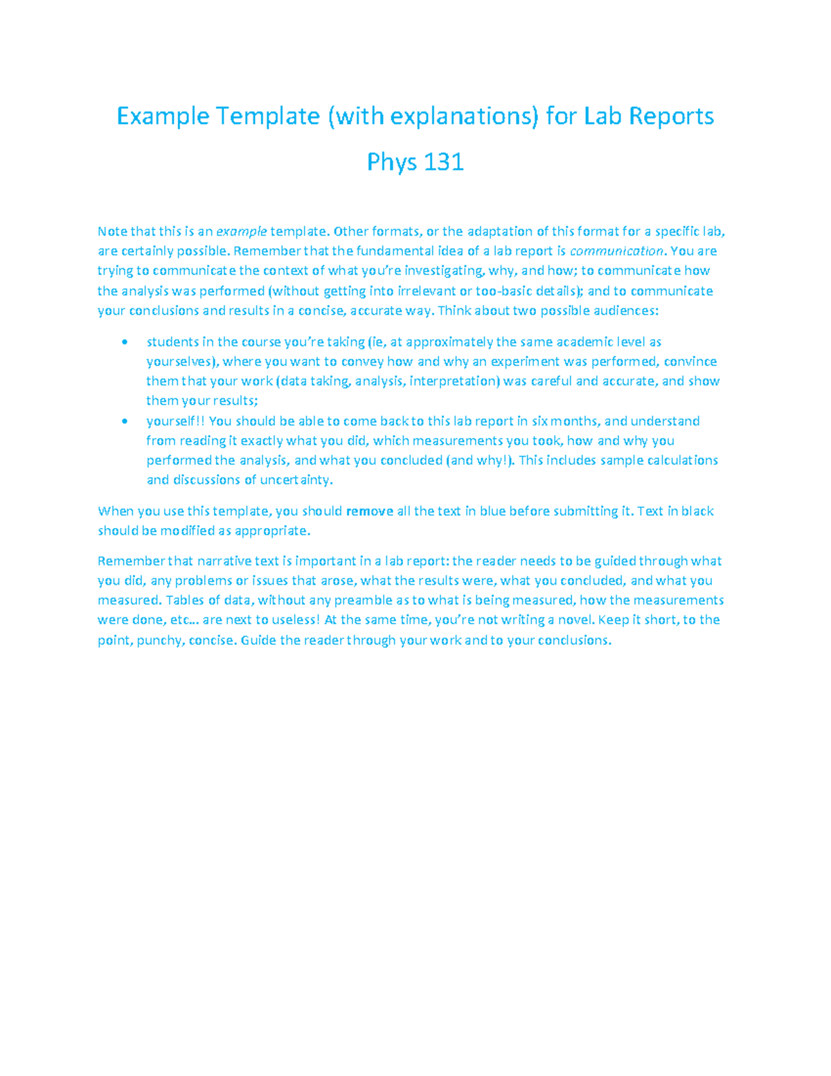 general Lab template - Example Template (with explanations) for Lab Reports Phys 131 Note that ...