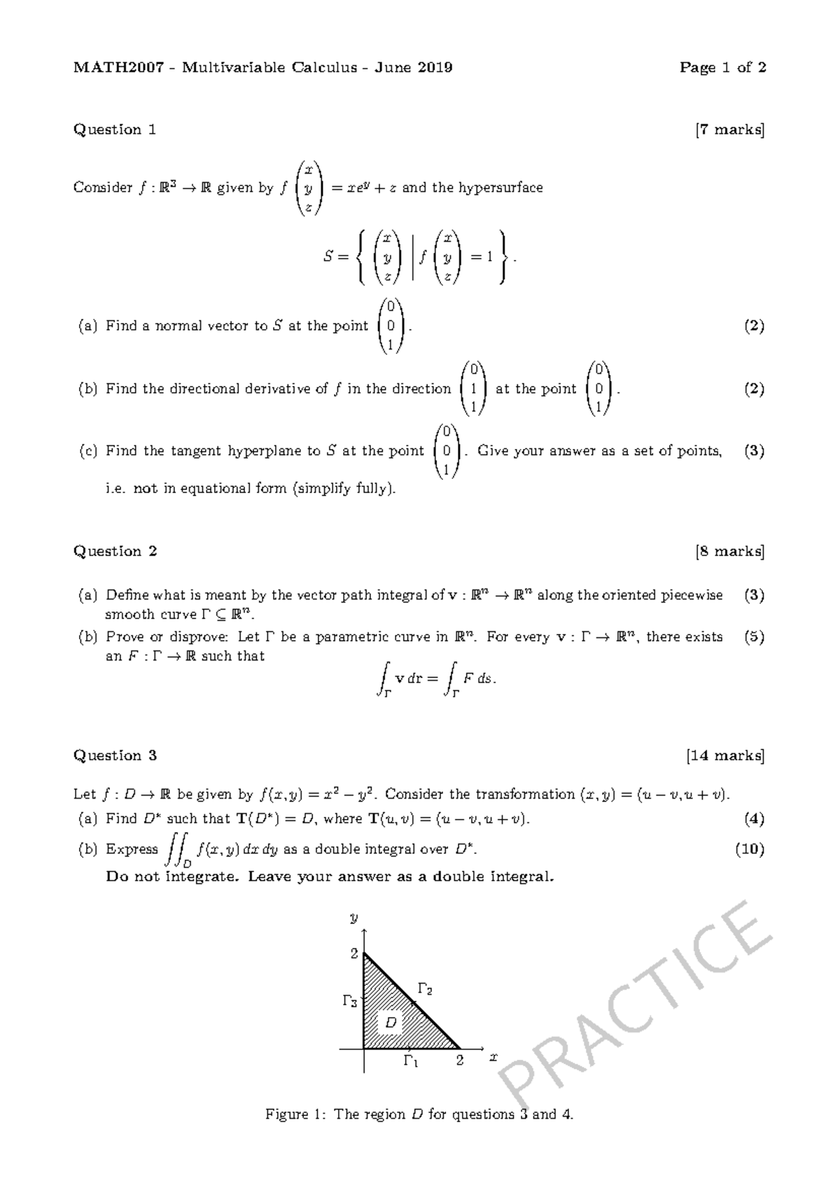MC 2019 Practice Exam I - june exam - PRACTICE MATH2007 - Multivariable ...