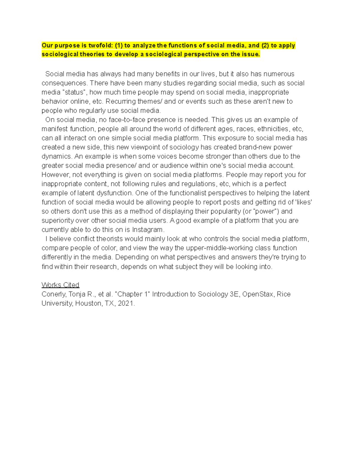 Sociology - lesson 1 disscussion post + notes - Our purpose is twofold ...