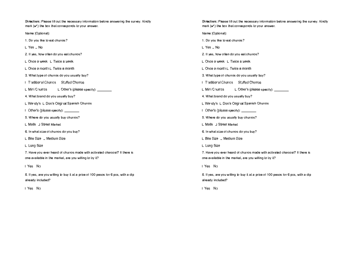 Questionaire 2 - Example question - Direction: Please fill out the ...