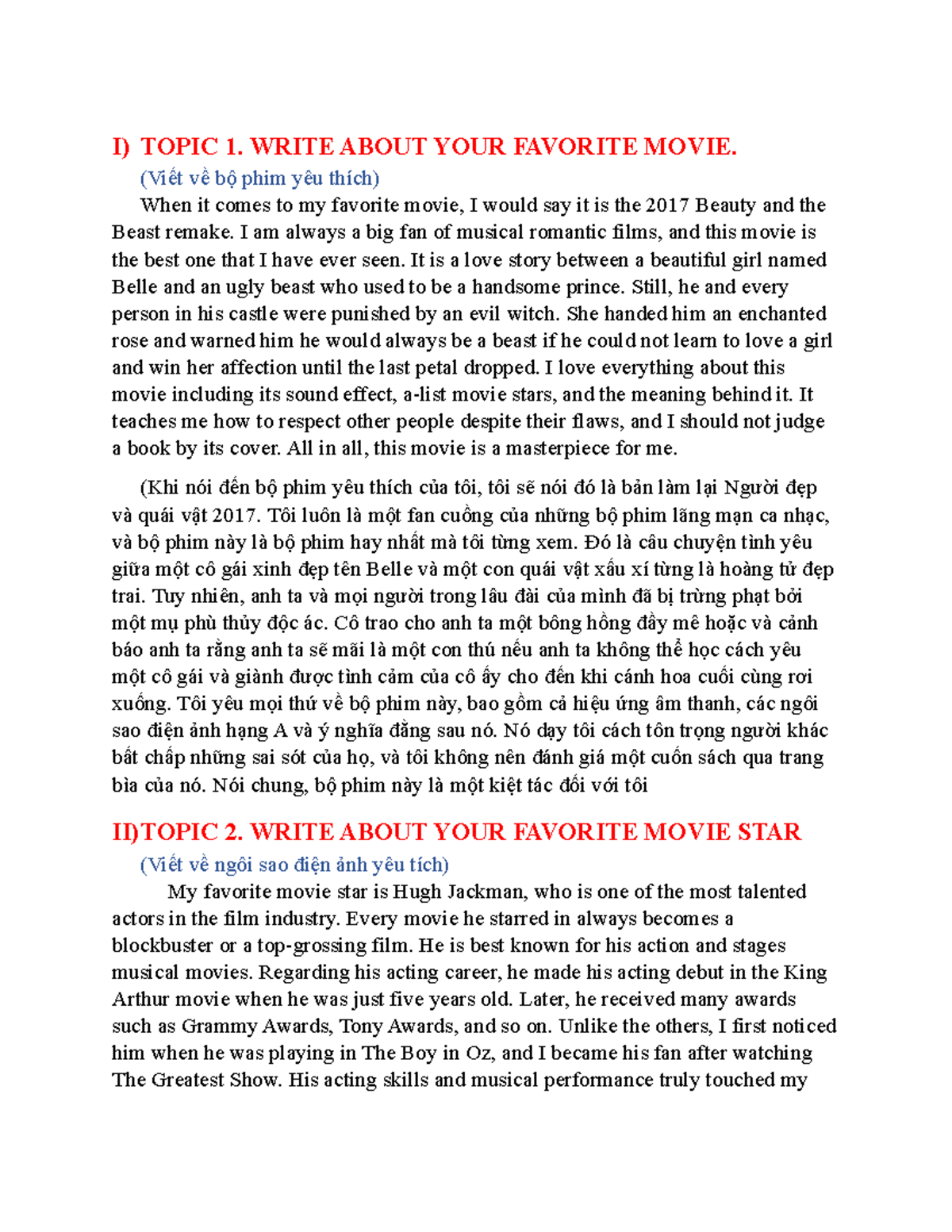 Writing english - àdf - I) TOPIC 1. WRITE ABOUT YOUR FAVORITE MOVIE ...