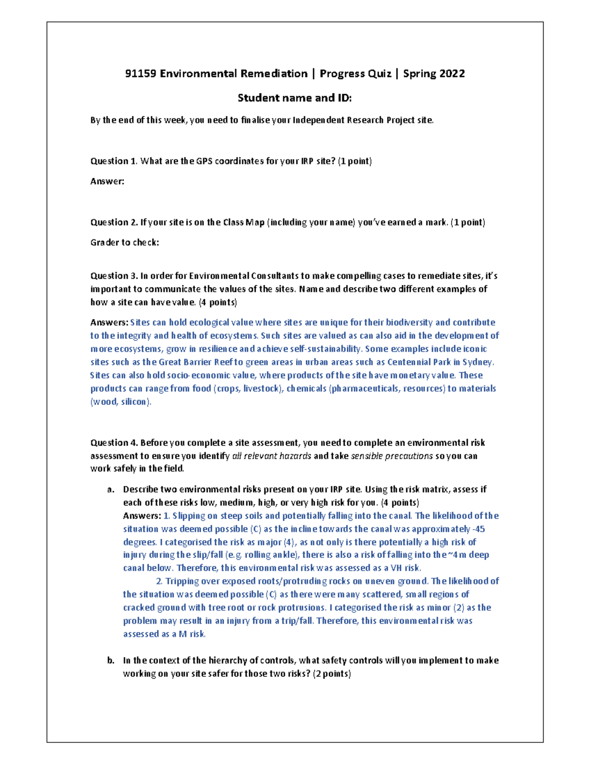 Progress Quiz 1 sd - 91159 Environmental Remediation | Progress Quiz ...