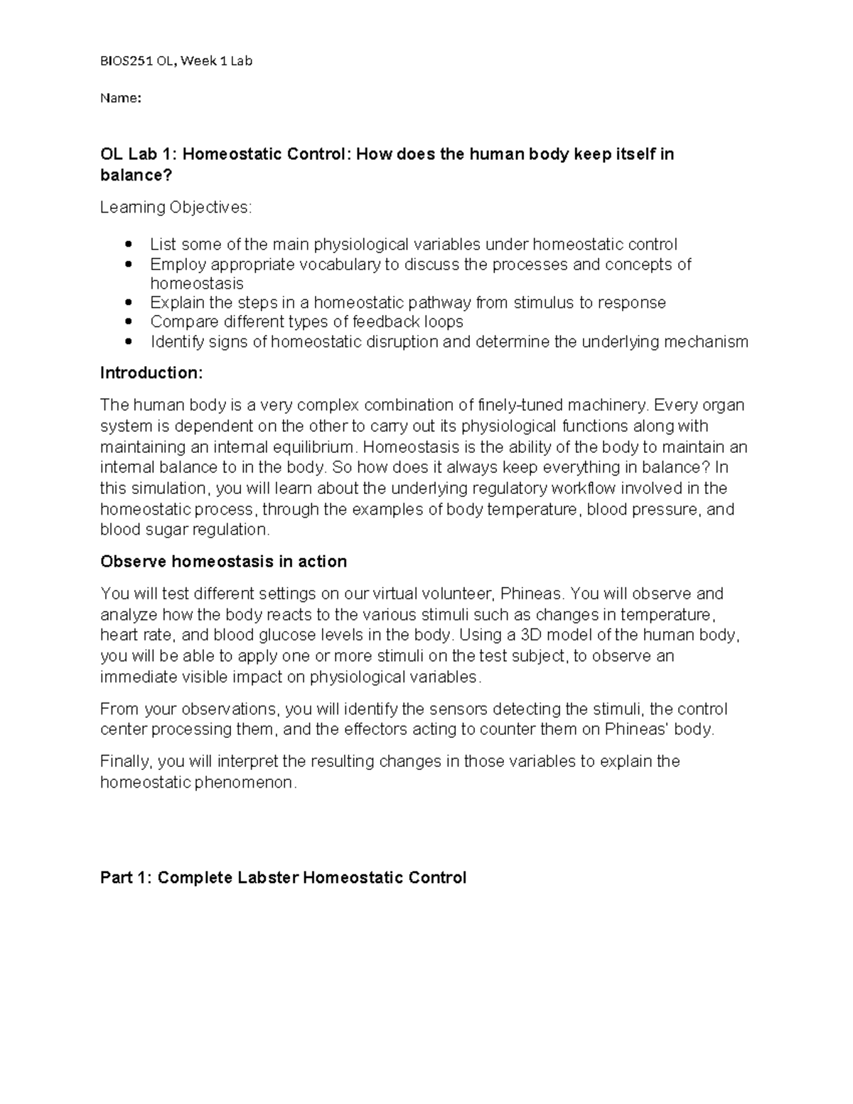 Anatomy & Physiology Lab 1 - Name: OL Lab 1: Homeostatic Control: How ...