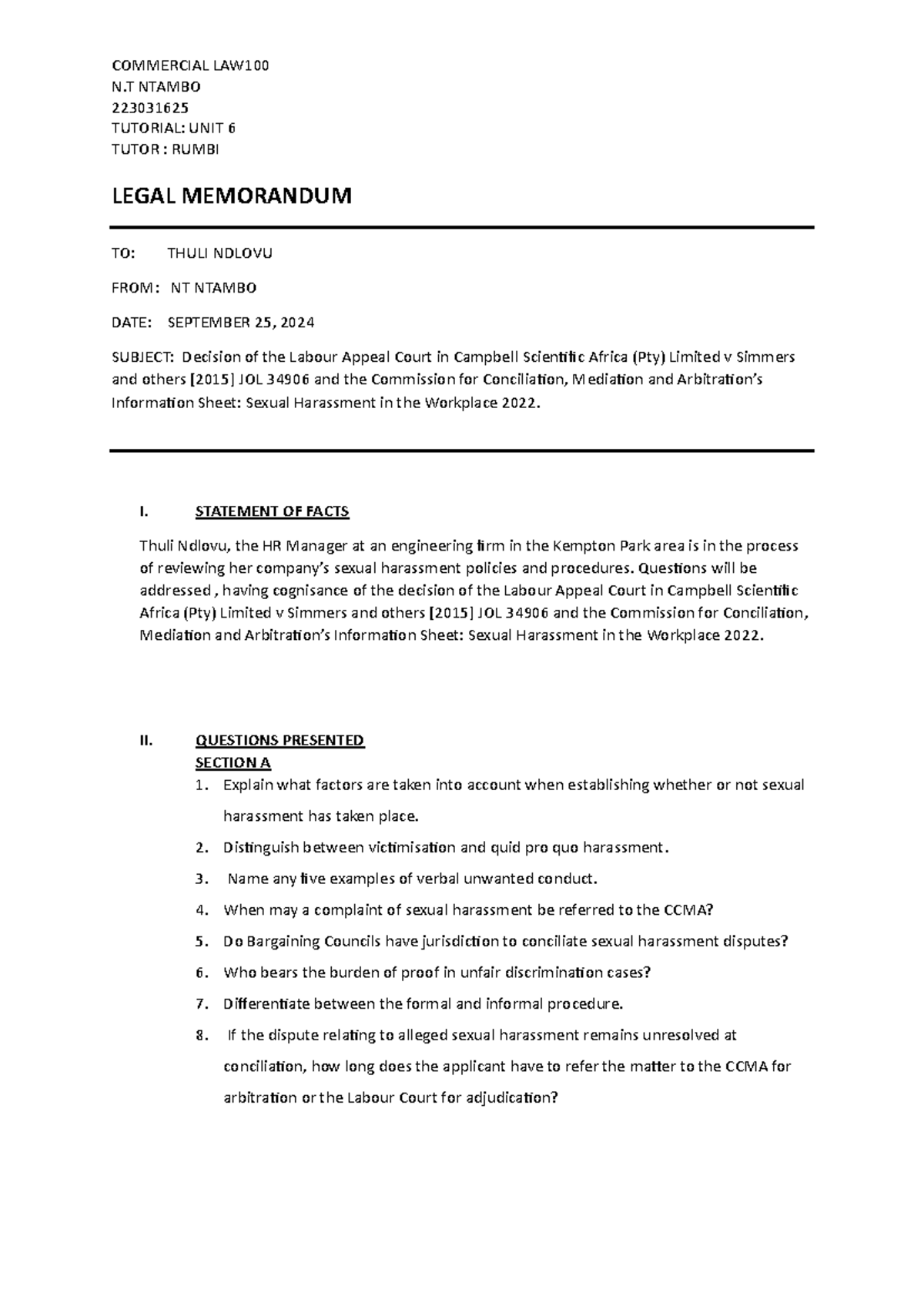 Unit 6 tutorial - N NTAMBO 223031625 TUTORIAL: UNIT 6 TUTOR : RUMBI ...