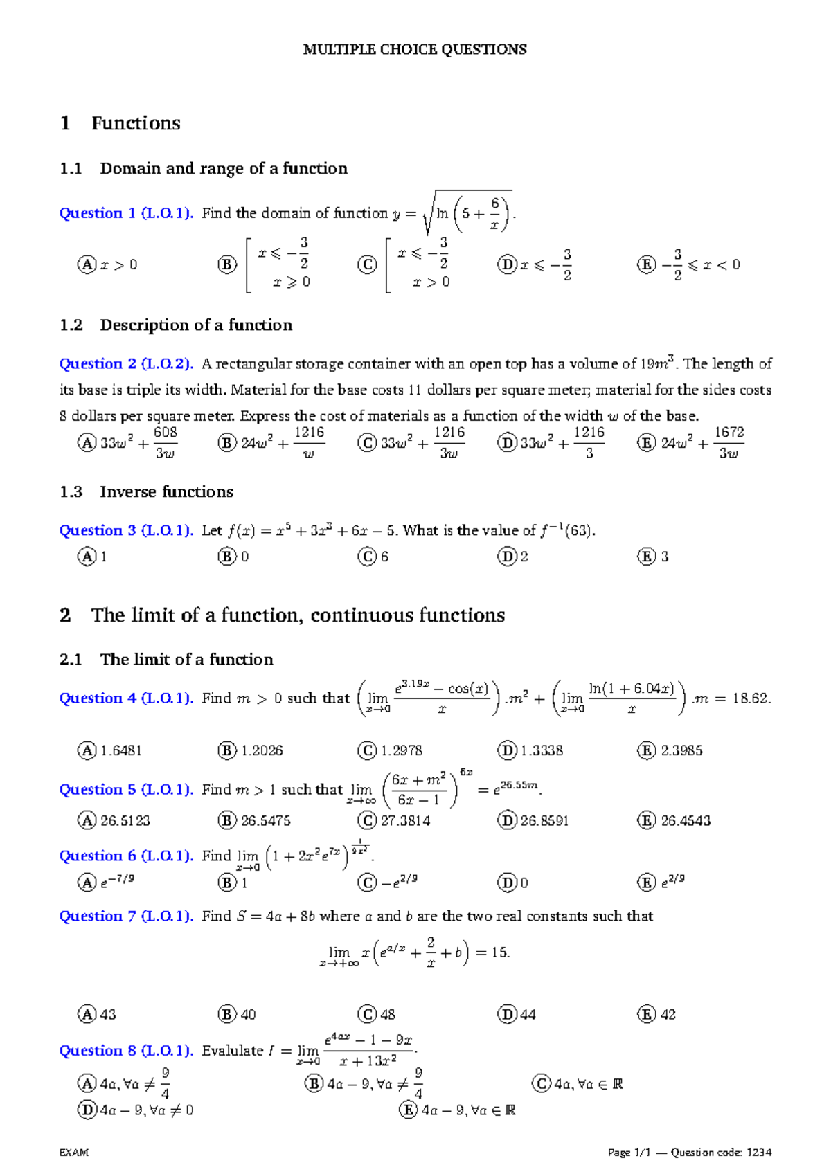 Exercise Book Cal 1 - Caculus - MULTIPLE CHOICE QUESTIONS 1 Functions 1 ...