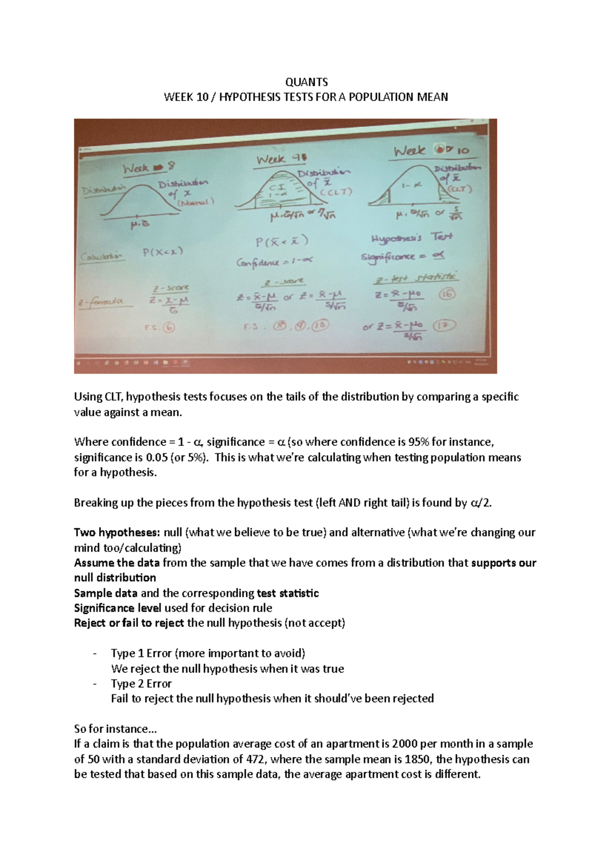 Quants L10 - Lecture notes 10 - QUANTS WEEK 10 HYPOTHESIS TESTS FOR A ...