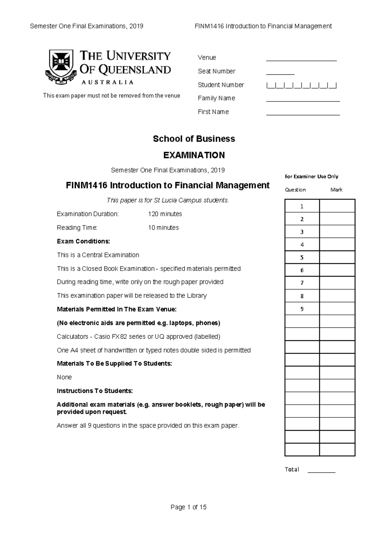 Semester One Final Examinations 2019 FINM1416 - This exam paper must ...