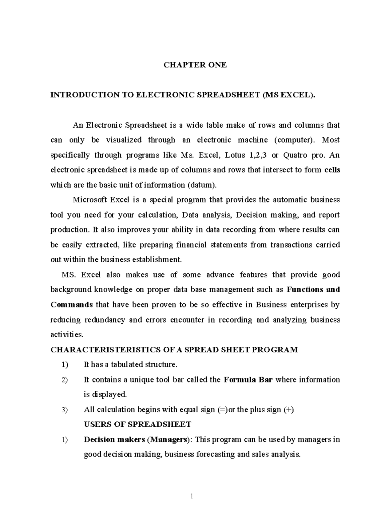 Ms EXcel book modified Final - CHAPTER ONE INTRODUCTION TO ELECTRONIC ...