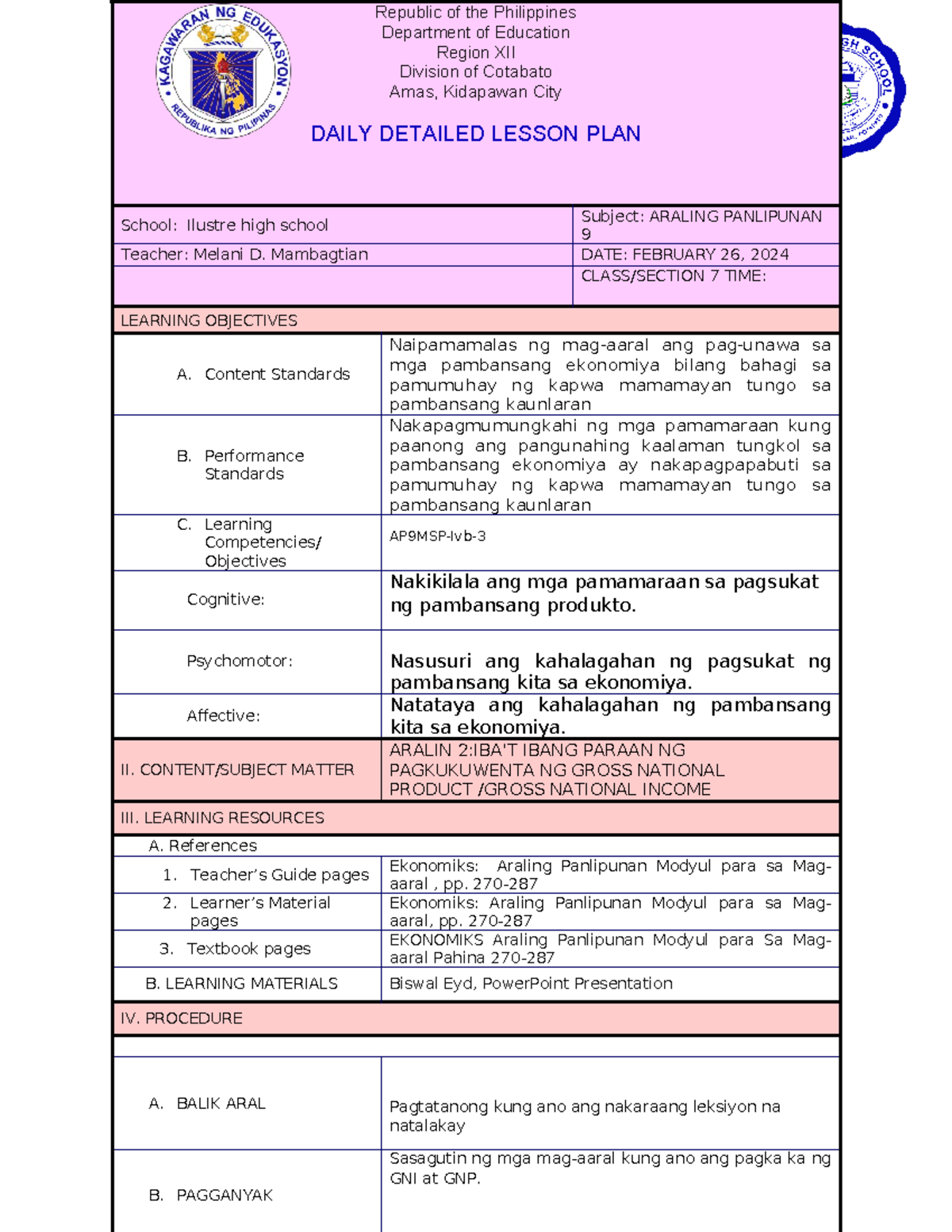Daily Detailed Lesson PLAN School Ilustr - Republic of the Philippines ...