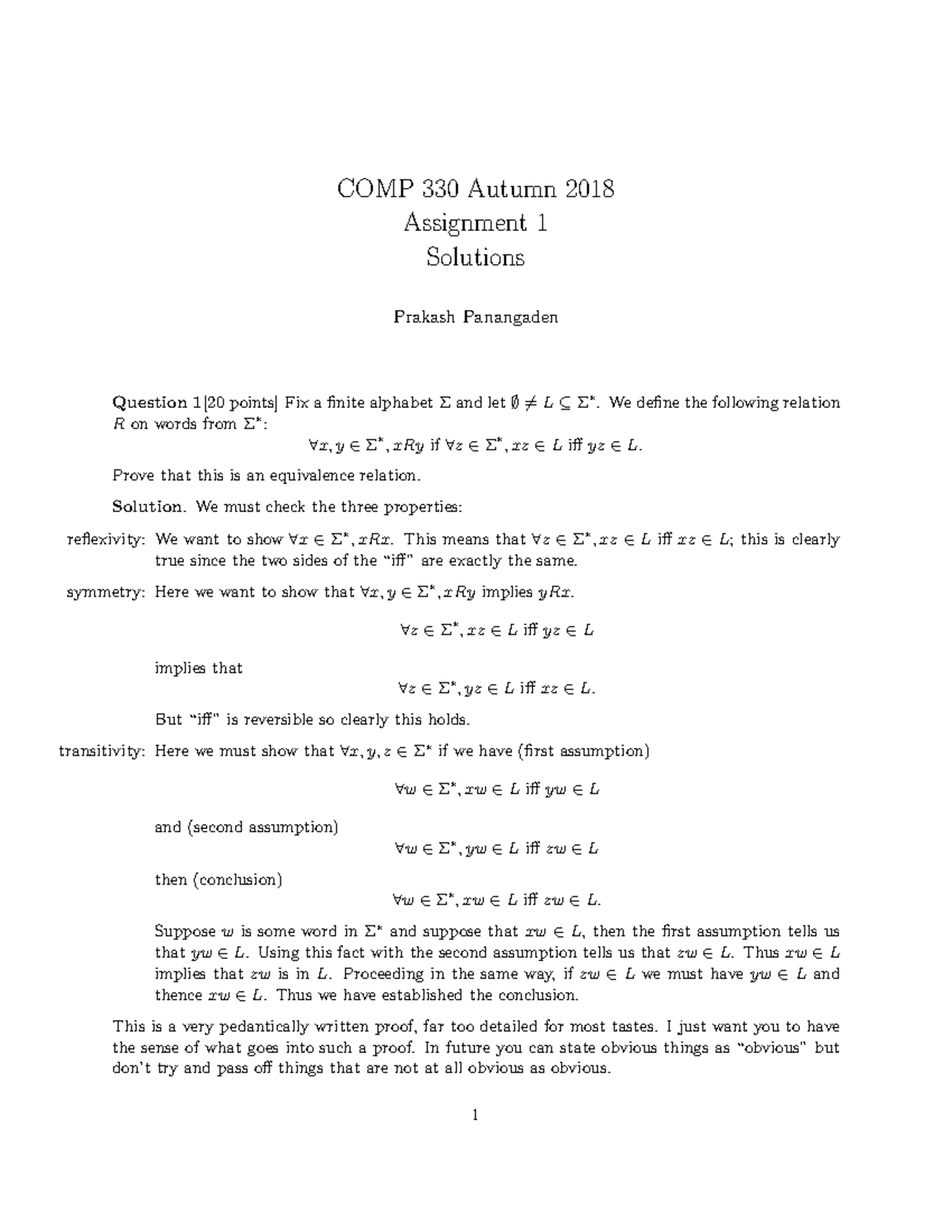 Fall 2018 Assignment 1 Comp 330 Autumn 2018 Assignment 1 Solutions Prakash Panangaden Question