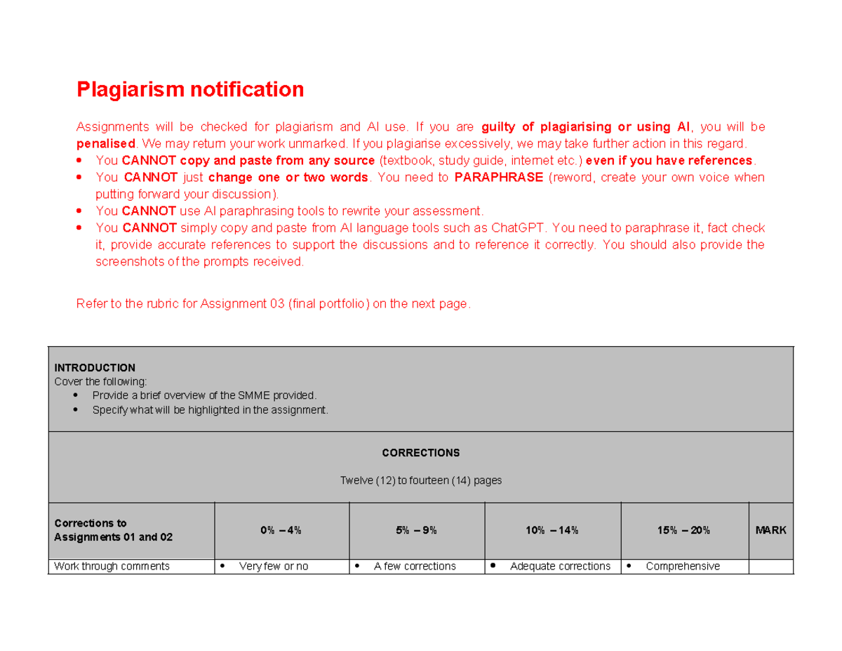 Rubric MNM3701 Assignment 03 - Plagiarism notification Assignments will ...