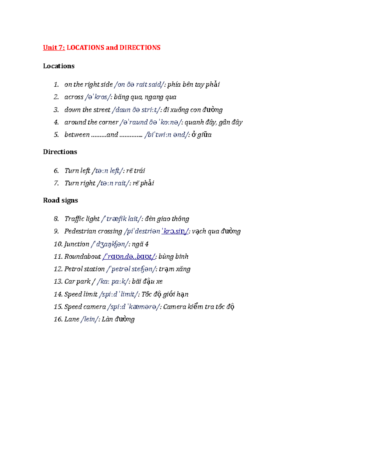 Unit-7 - trete - Unit 7: LOCATIONS and DIRECTIONS Locations 1. on the right side /on ð ə rait ...