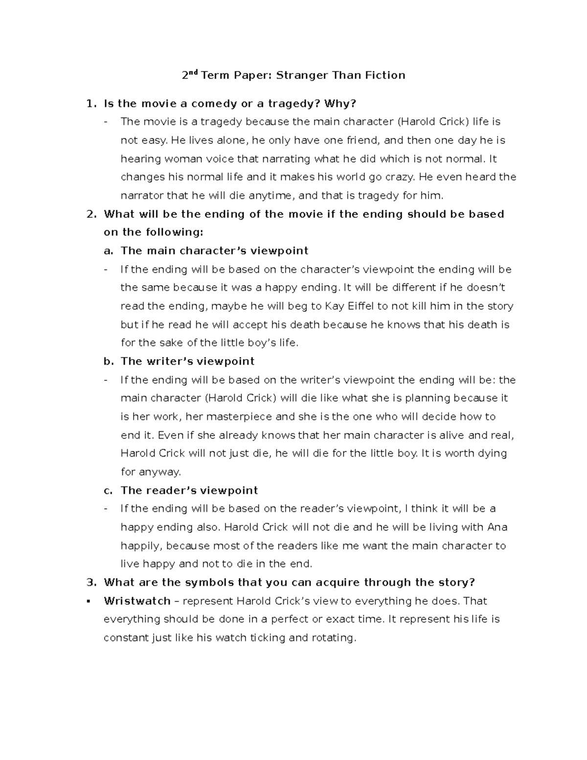 2nd Term Paper - Movie analysis about the movie "Stranger than fiction ...