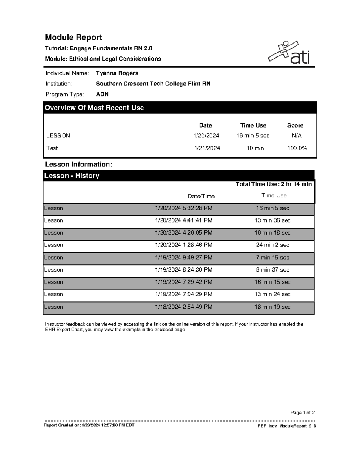 Report 3 - Helps - Module Report Lesson Information: Tutorial: Engage ...