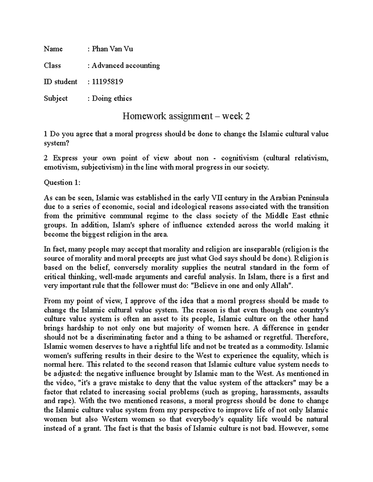 Doing ethics HWw2 - For HW - Name : Phan Van Vu Class : Advanced ...