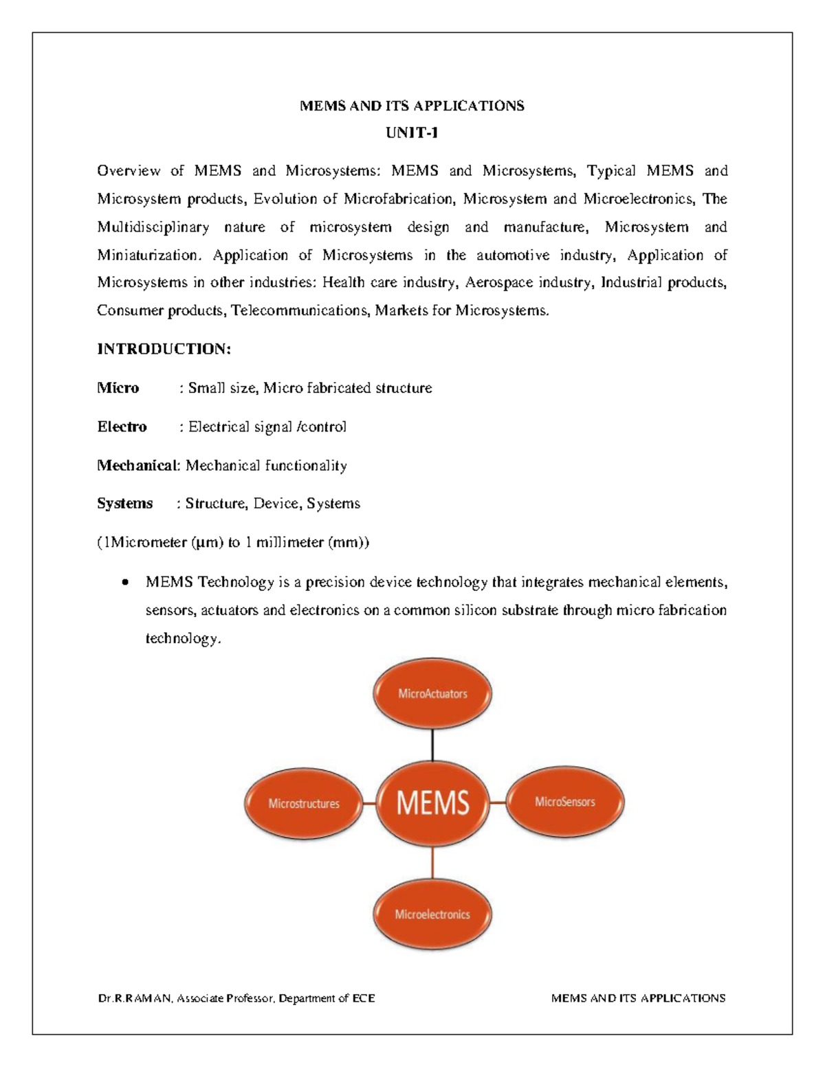 Mems Unit 1 Mems And Its Applications Mems And Its Applications