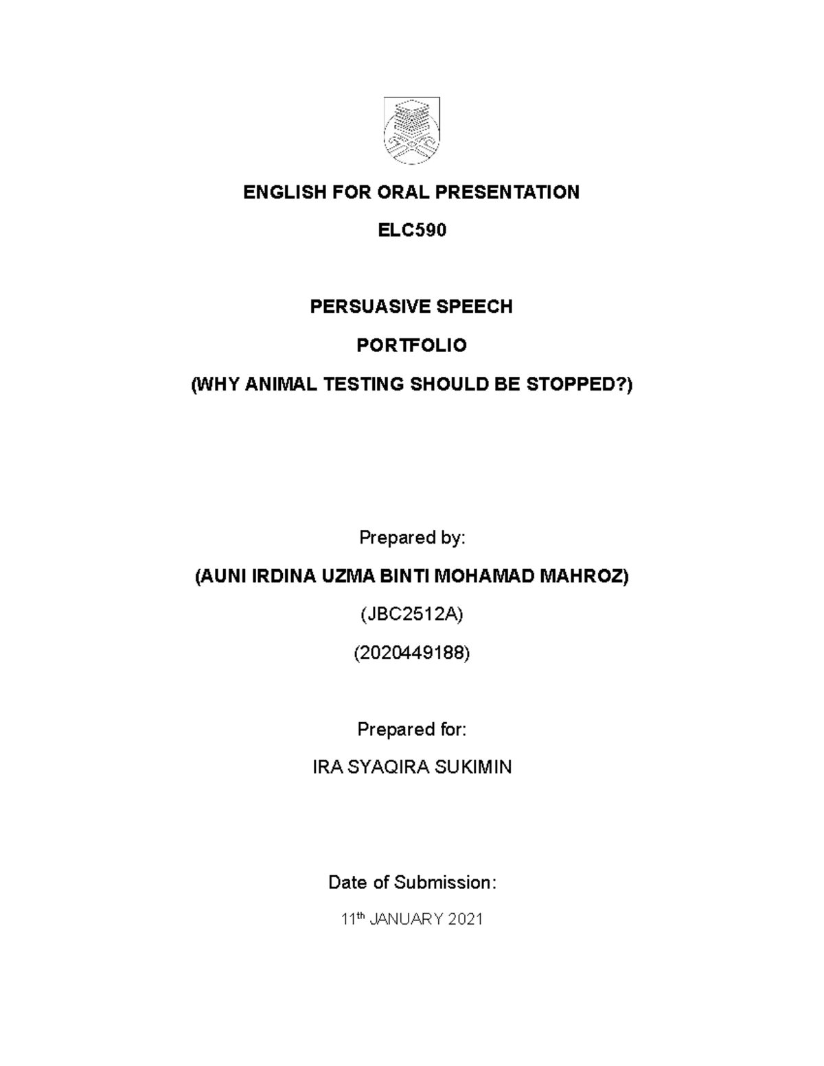 Persuasive Speech Portfolio - ENGLISH FOR ORAL PRESENTATION ELC ...