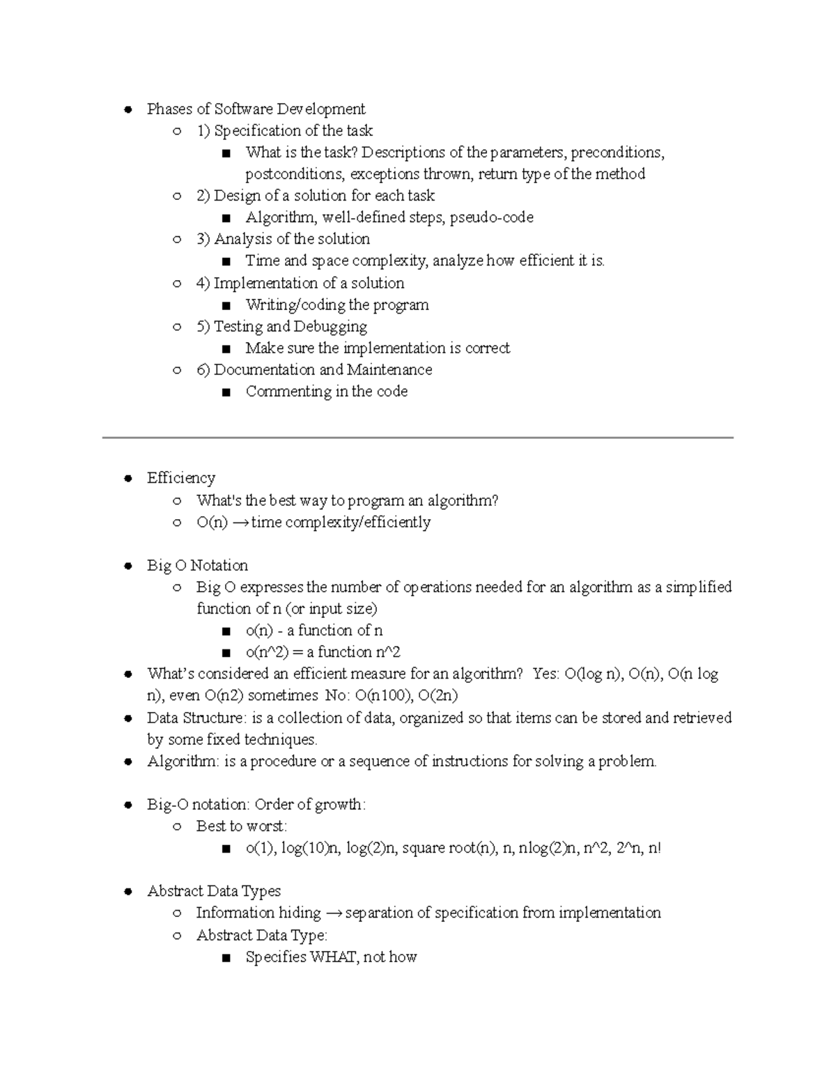 Cse214 Quiz Review Phases Of Software Development 1 Specification Of The Task What Is The