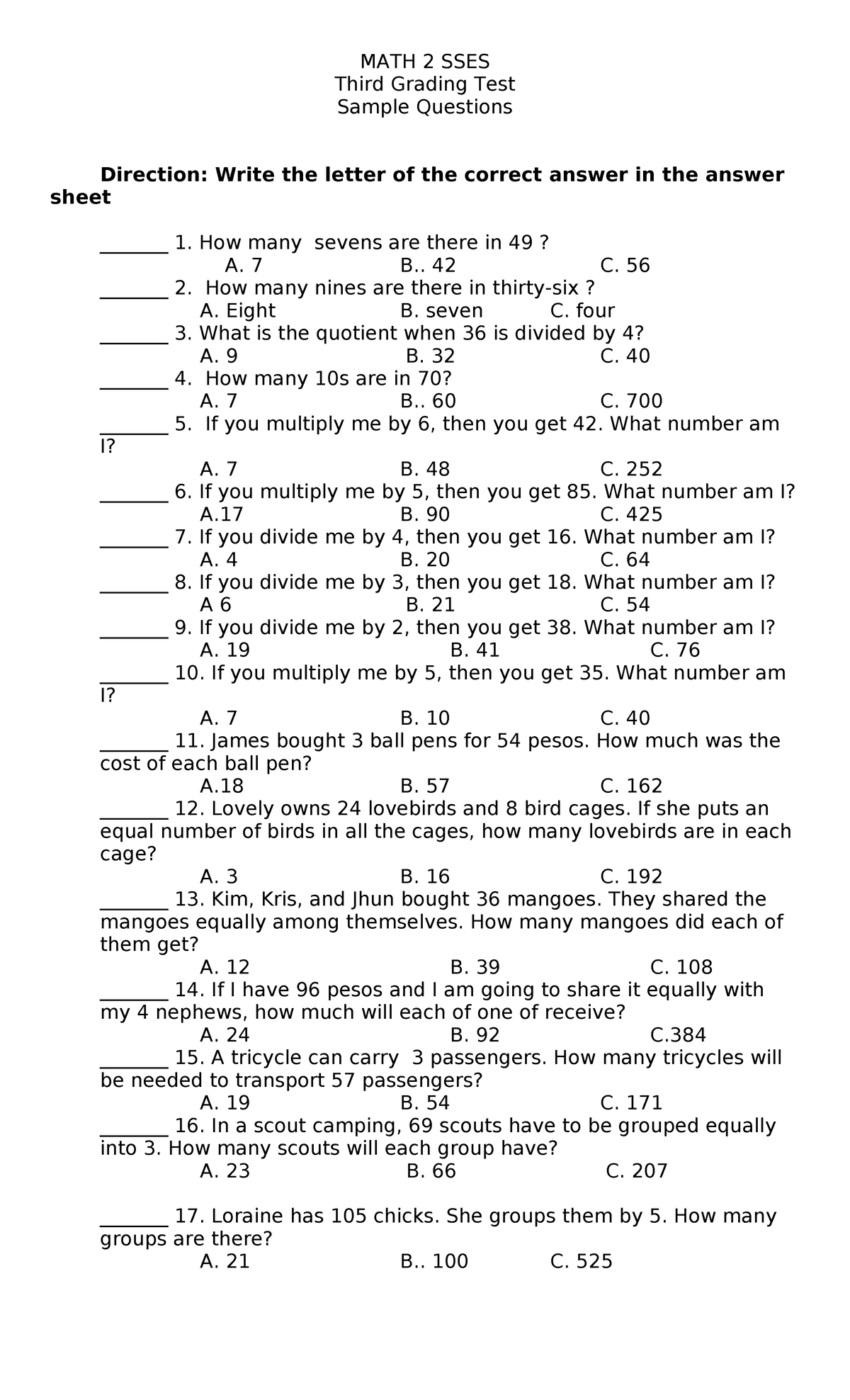 3rd math 2 per sample questions - MATH 2 SSES Third Grading Test Sample ...