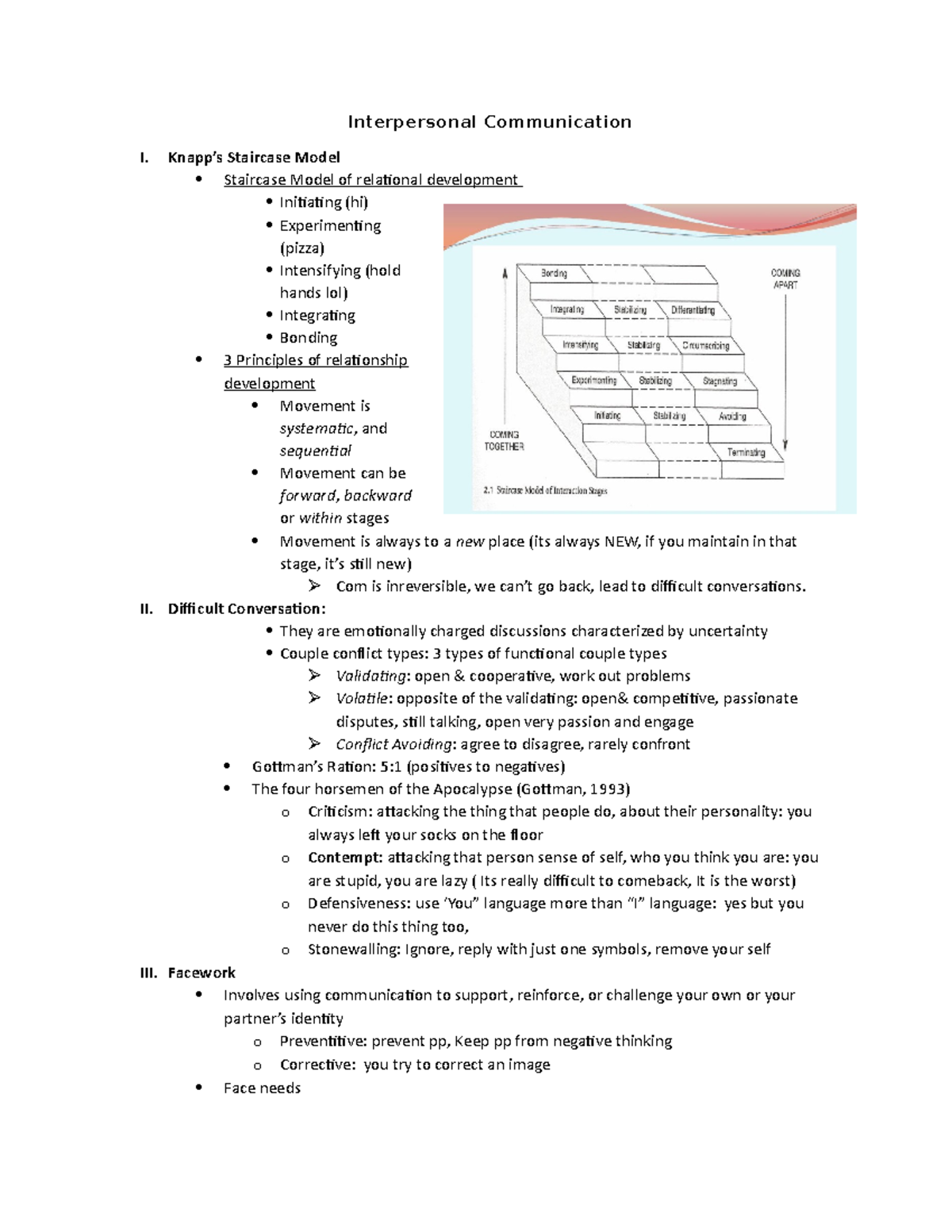 Interpersonal Communication - Knapp’s Staircase Model Staircase Model of relational development ...