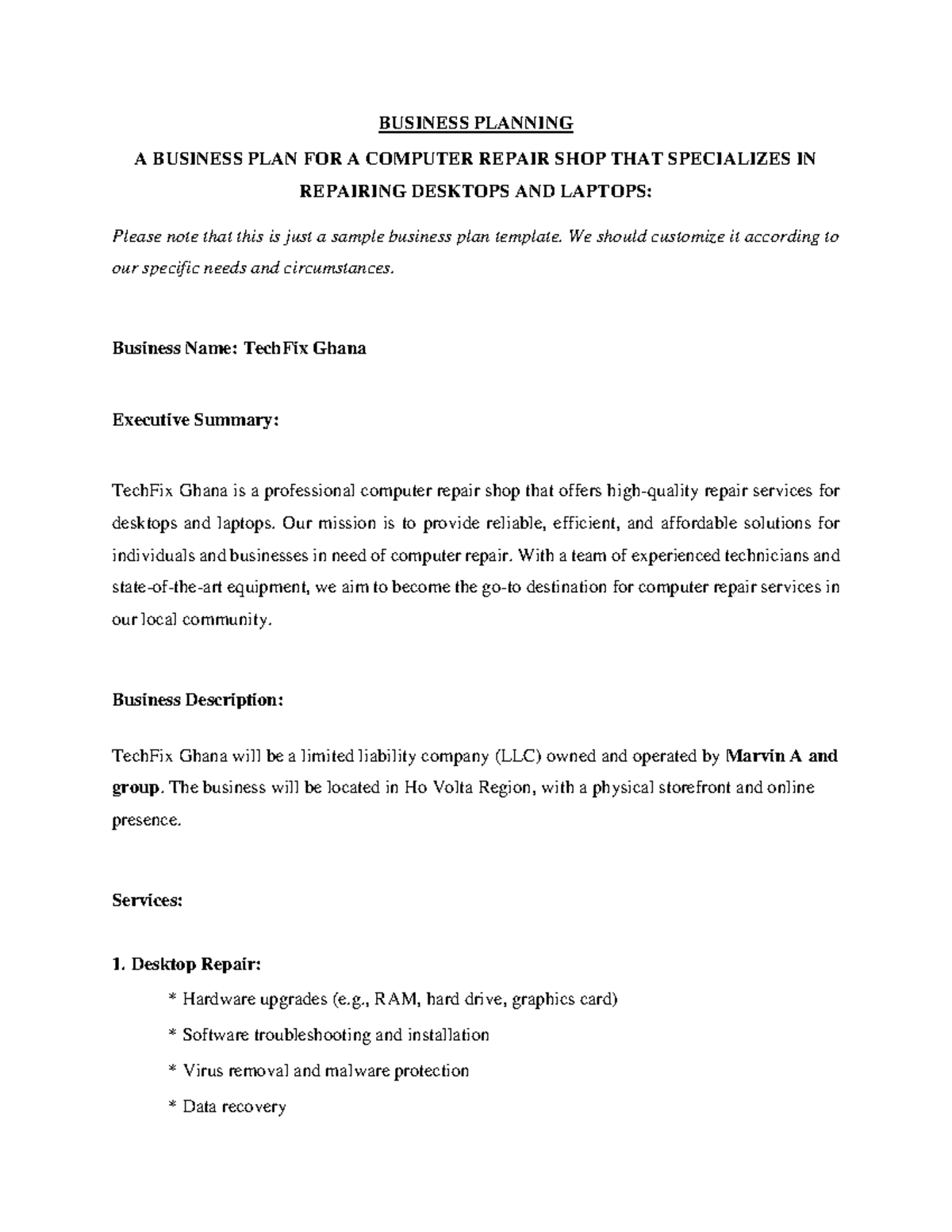 Business Planning Sample - BUSINESS PLANNING A BUSINESS PLAN FOR A ...