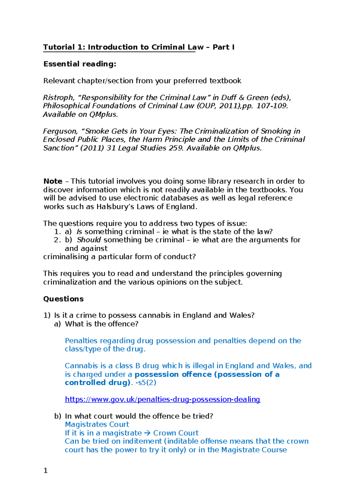 Tutorial 1 - Criminal Law - Tutorial 1: Introduction to Criminal Law – Part I Essential reading ...
