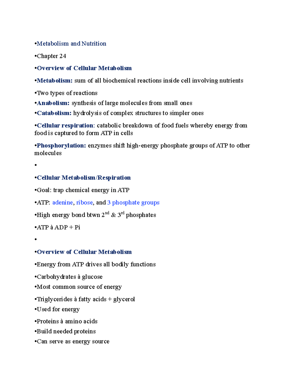 Metabolism and Nutrition Notes - Metabolism and Nutrition •Chapter 24 ...