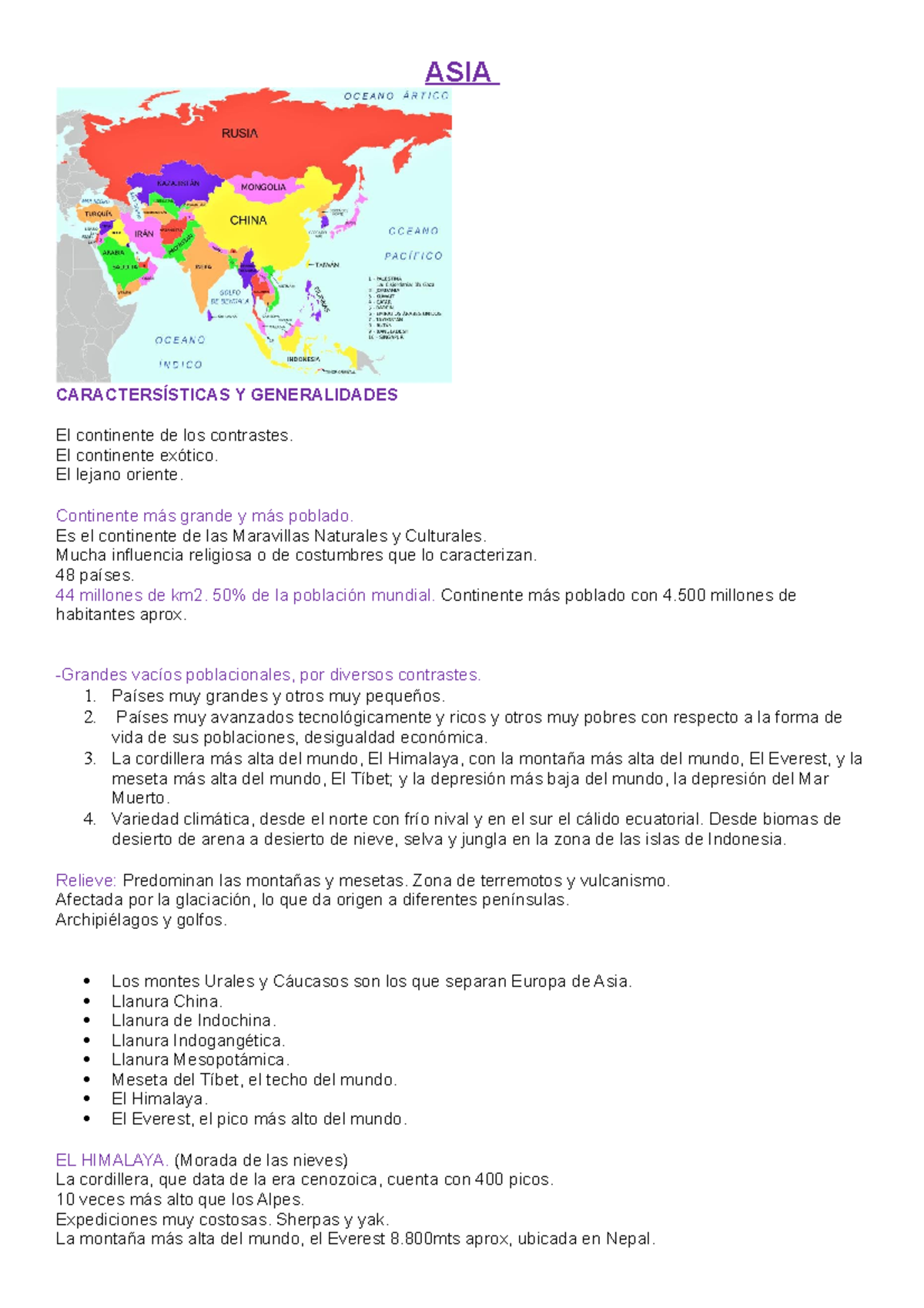 Resumen ASIA 2021 - ASIA CARACTERSÍSTICAS Y GENERALIDADES El continente ...