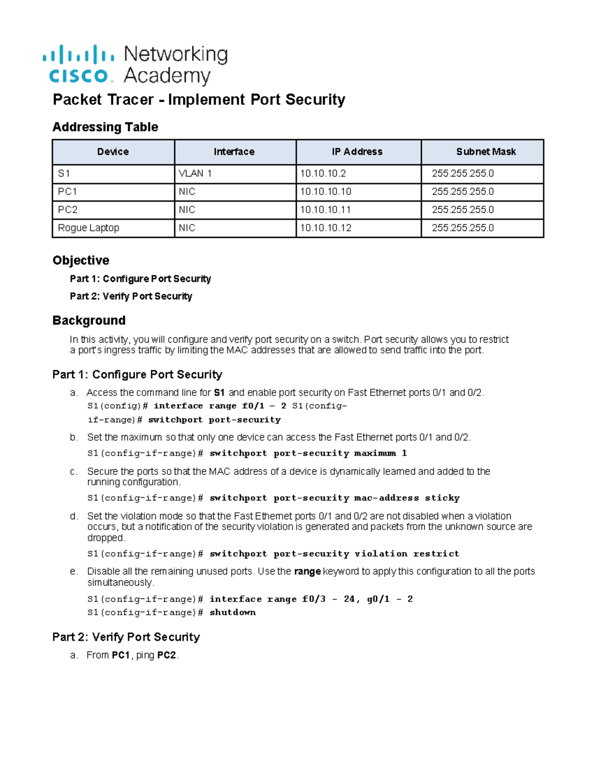 Packet Tracer Implement Port Sec Packet Tracer Implement Port