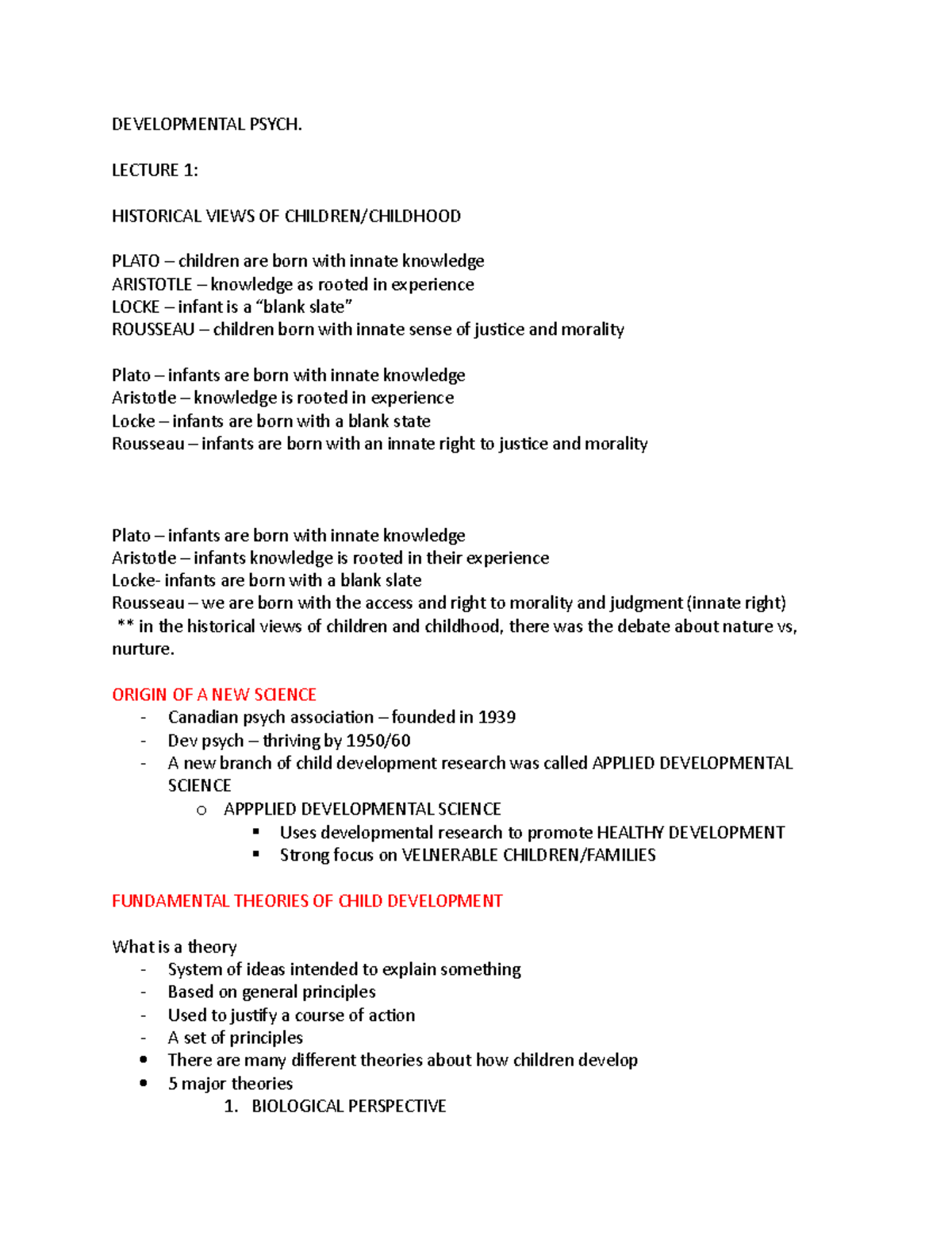 Developmental Psych - notes for class - DEVELOPMENTAL PSYCH. LECTURE 1 ...