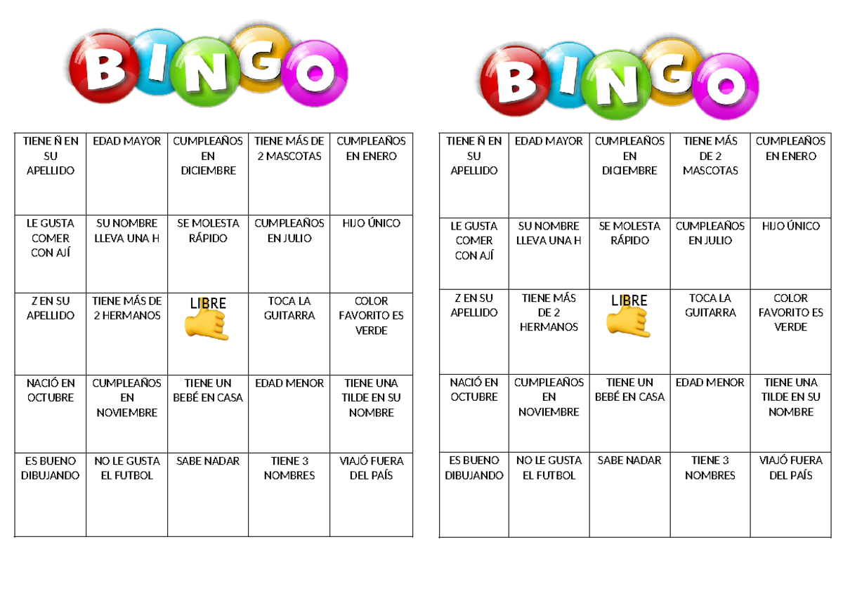Bingo humano - TIENE Ñ EN SU APELLIDO EDAD MAYOR CUMPLEAÑOS EN ...
