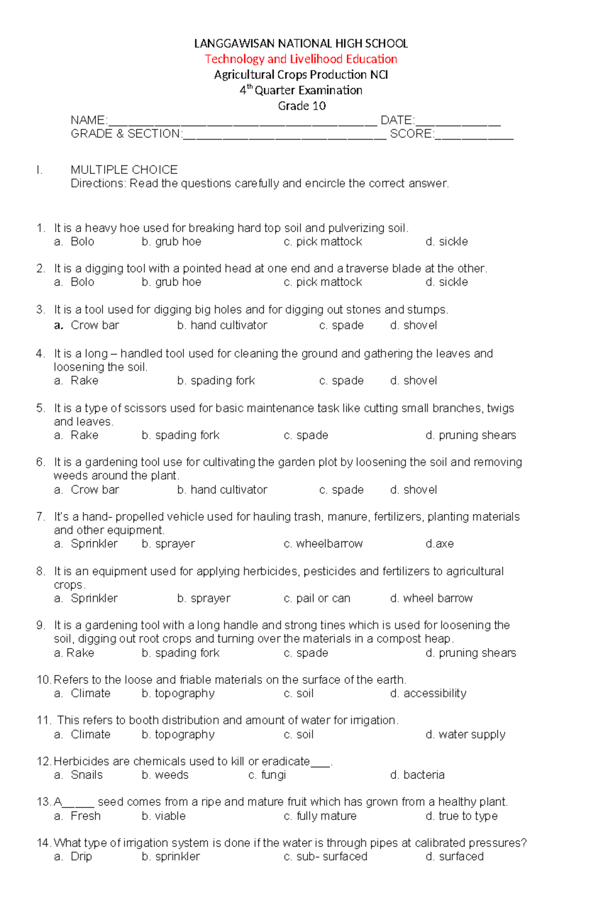 Grade 9 2nd quarter exam - LANGGAWISAN NATIONAL HIGH SCHOOL Technology ...