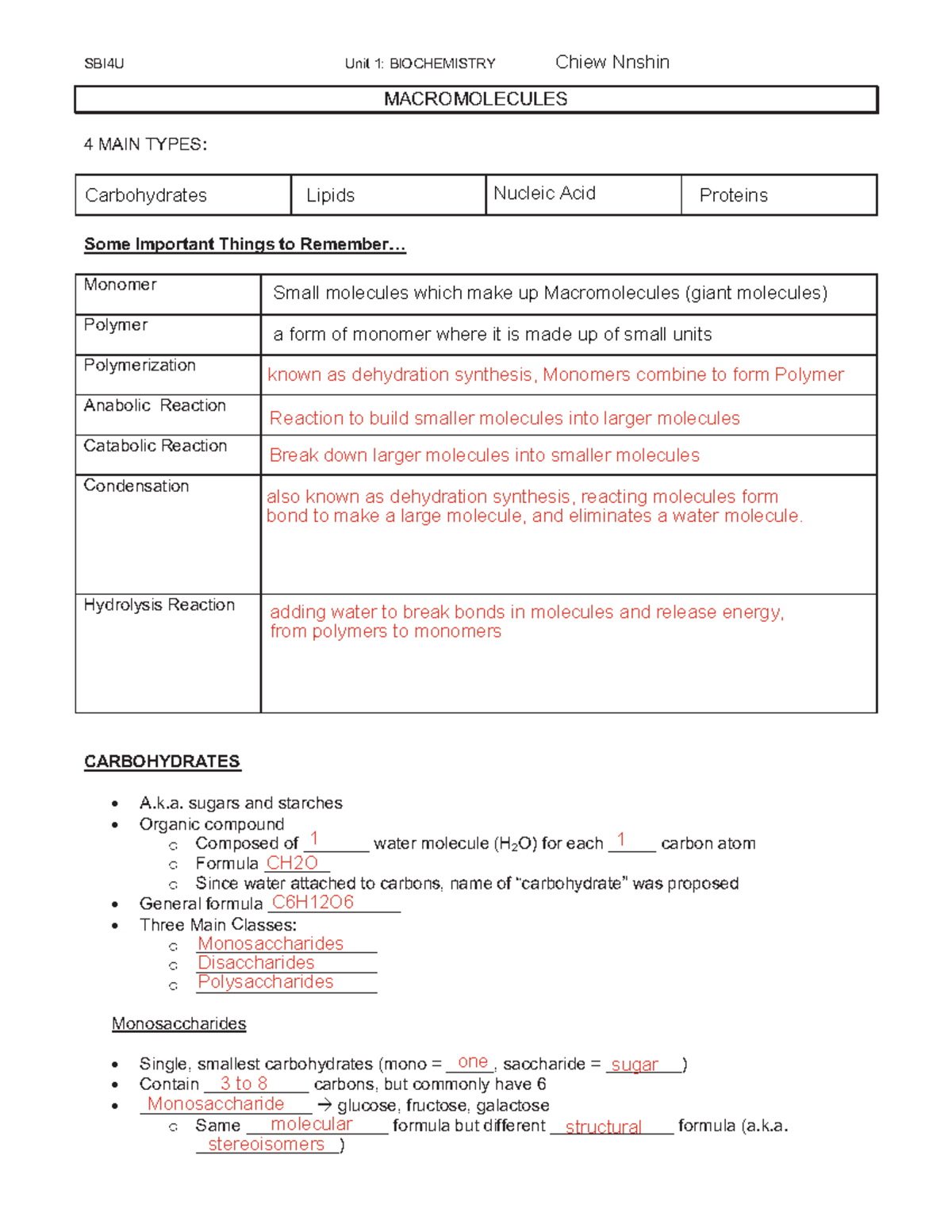 Nnshin SBI4U Unit 1 Lesson 3 Carbohydrates Worksheet - - Studocu