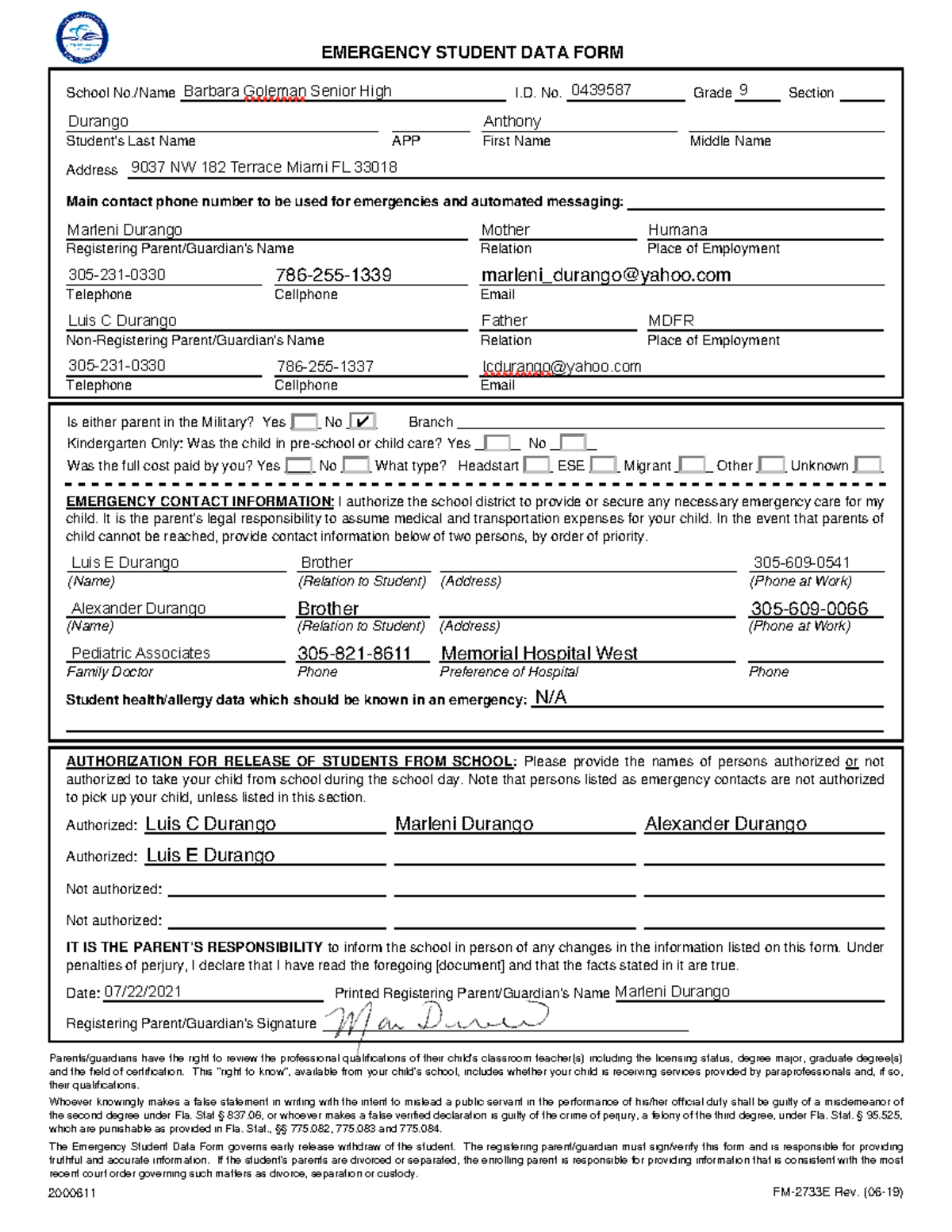 2021 2022 Student Registration Packet 2 - EMERGENCY STUDENT DATA FORM ...