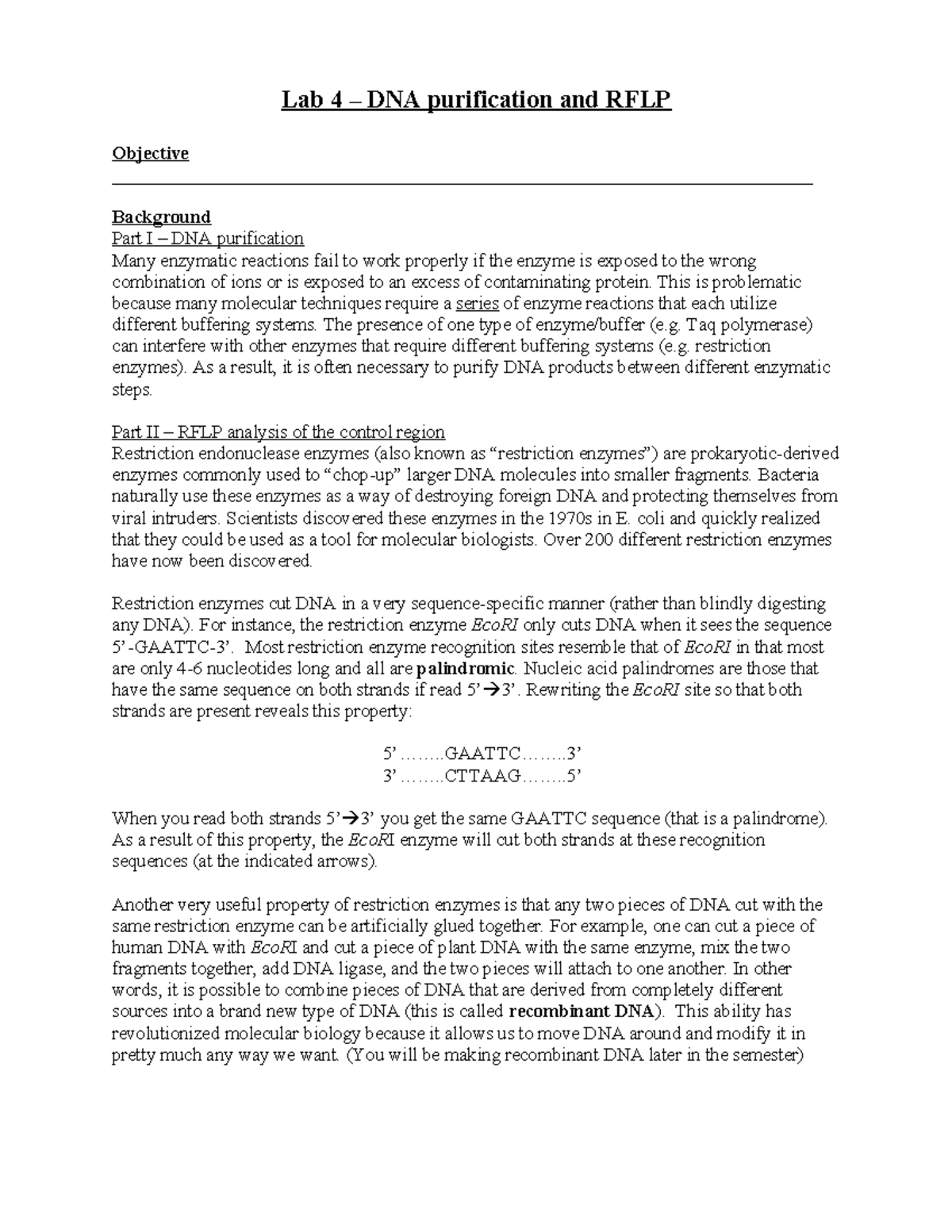 Lab 4 - DNA purification and RFLP - Lab 4 – DNA purification and RFLP Objective Background Part ...