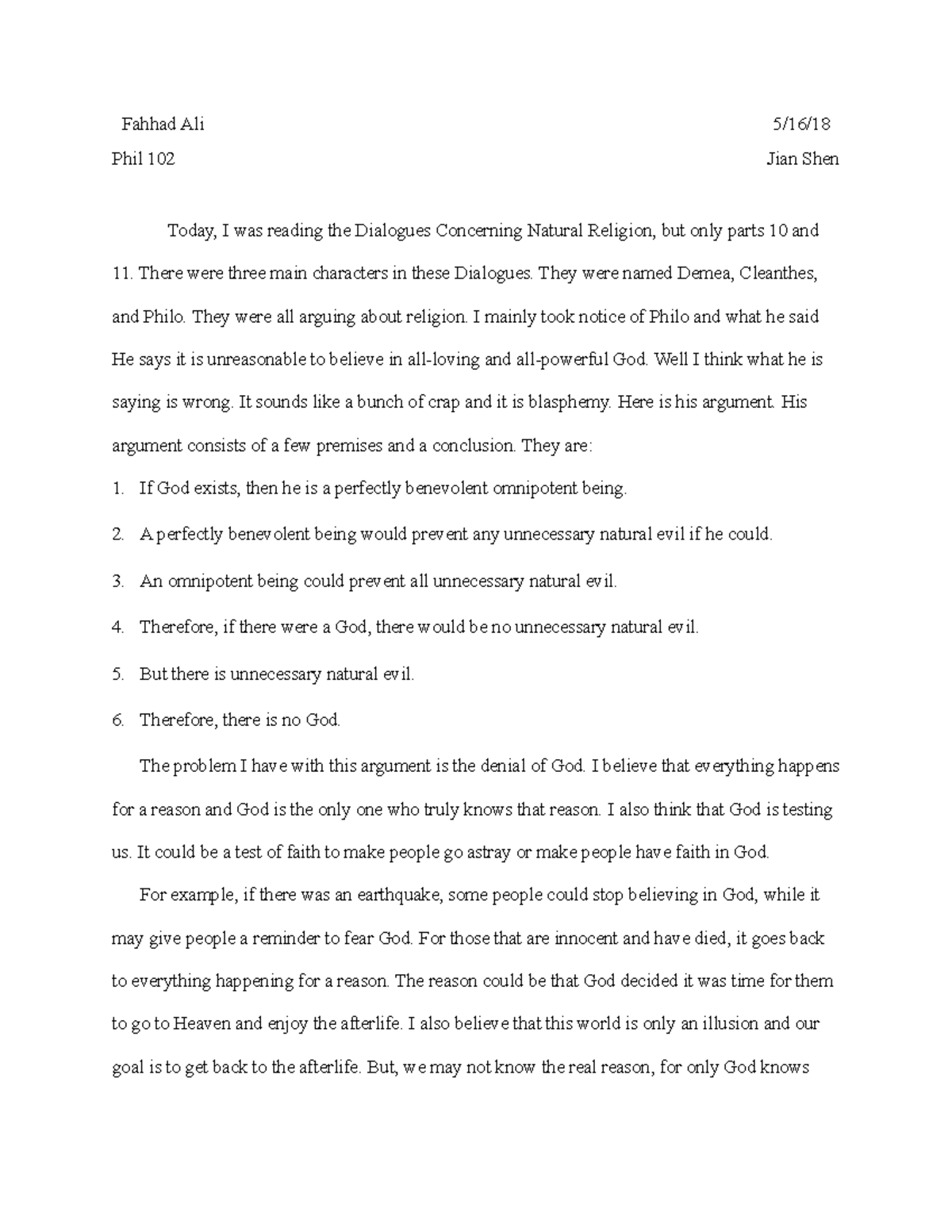 Philosophy Term Paper - Essay - Fahhad Ali 5/16/ Phil 102 Jian Shen ...
