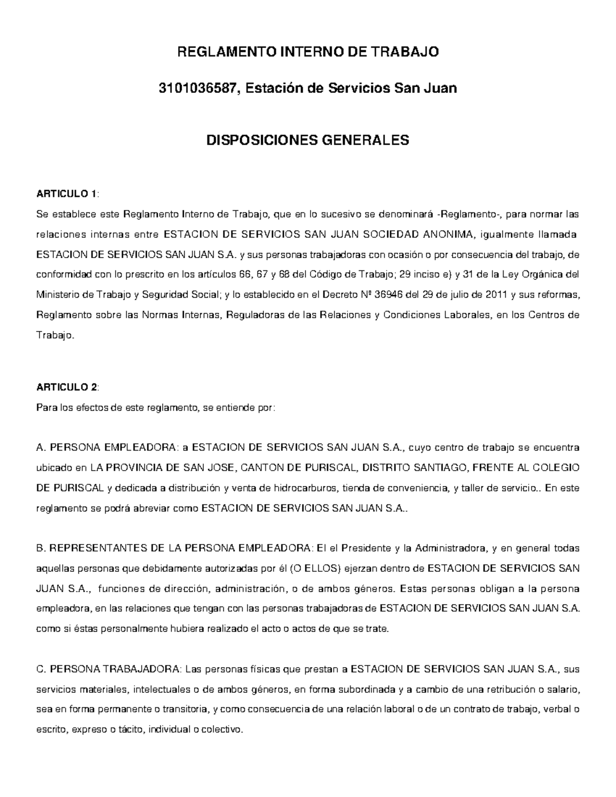Reglamento Interno De Trabajo Estacion de Servicios San Juan - REGLAMENTO INTERNO DE TRABAJO ...