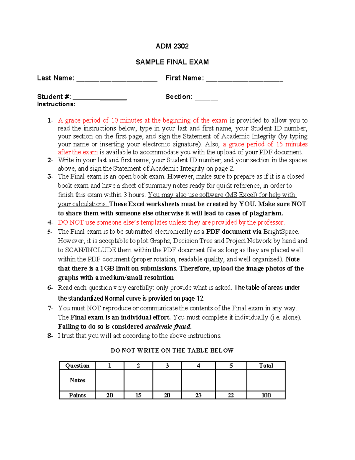 1. Sample Final Exam - intro - ADM 2302 SAMPLE FINAL EXAM Last Name: _____________________ First ...