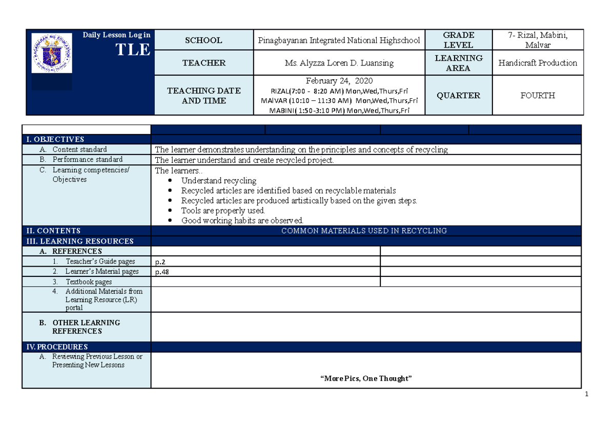 Inbound 5901935010482271062 - Daily Lesson Log in TLE SCHOOL ...