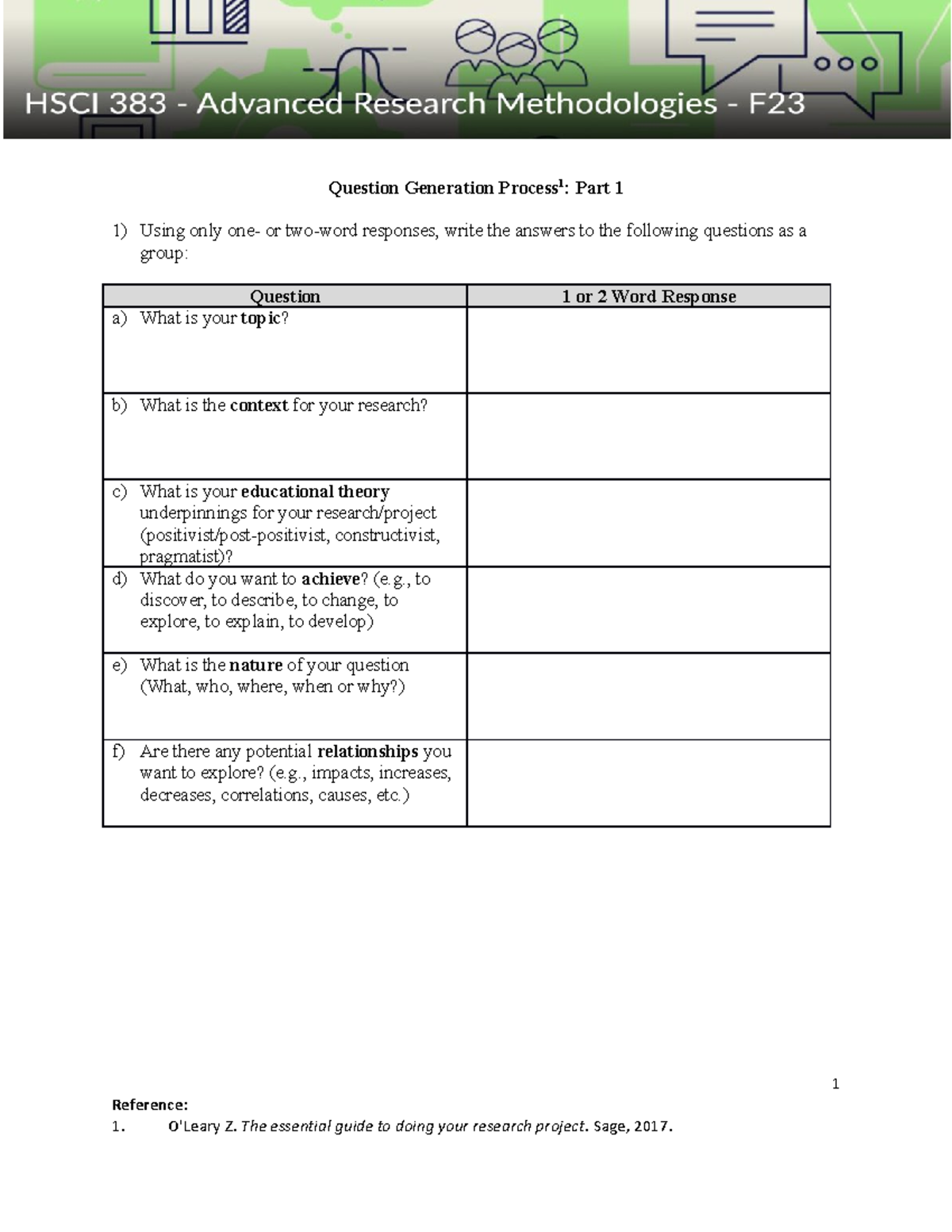 Question Generation Process Worksheet #1 - Question Generation Process ...