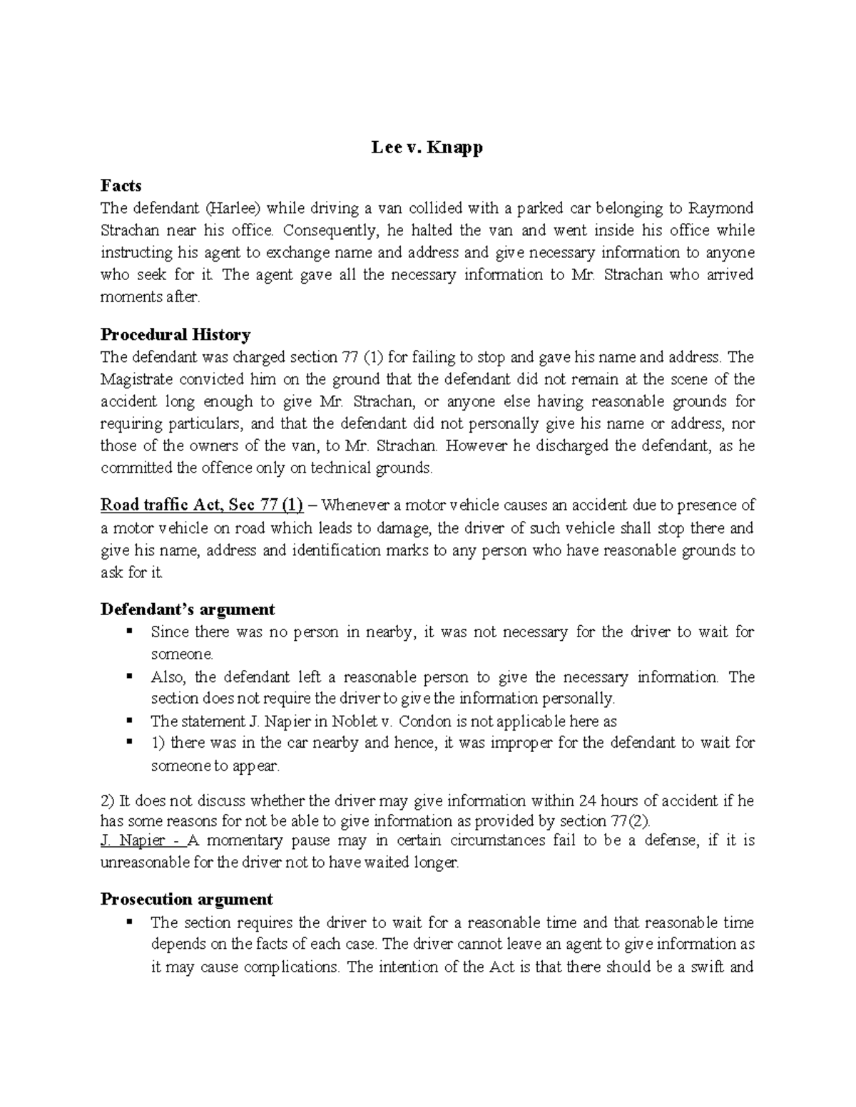 Lee v Knapp - Summary Criminal justice - Lee v. Knapp Facts The ...