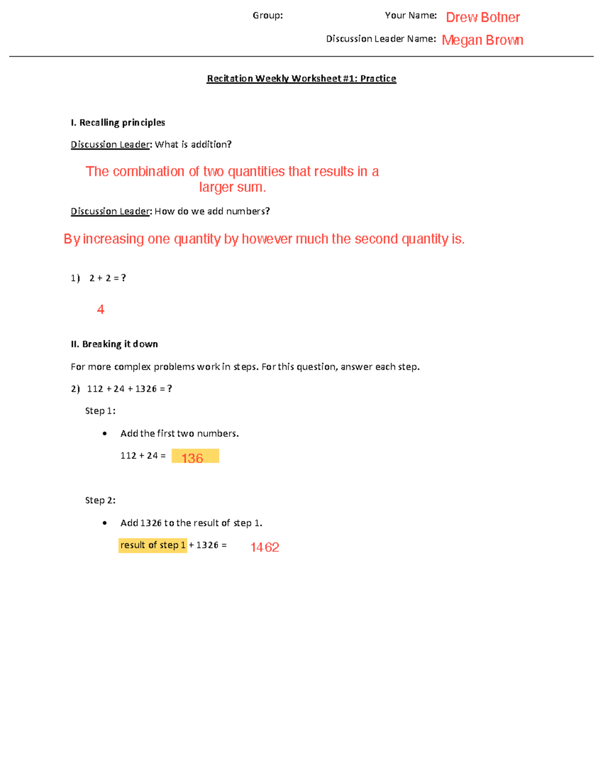 Recitation worksheet practice F22-1 - CHE105 - Group: Your Name: Discussion Leader Name ...