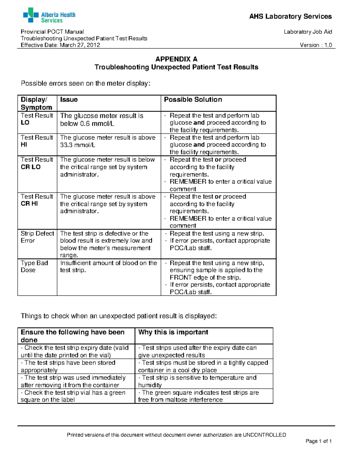 Troubleshooting patient glucometer results - AHS Laboratory Services ...