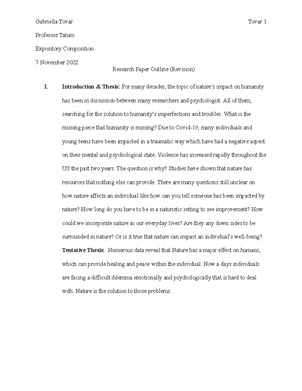 Outline Nature Impact on individual's (Revision) - Gabriella Tovar ...