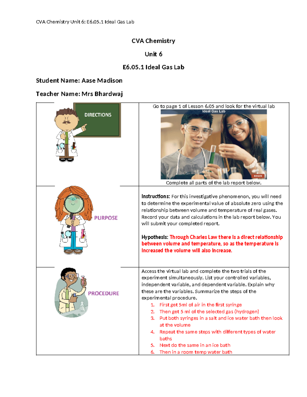 Aase Madisons E6.05.1 Ideal Gas Lab - CVA Chemistry Unit 6 E6.05 Ideal ...
