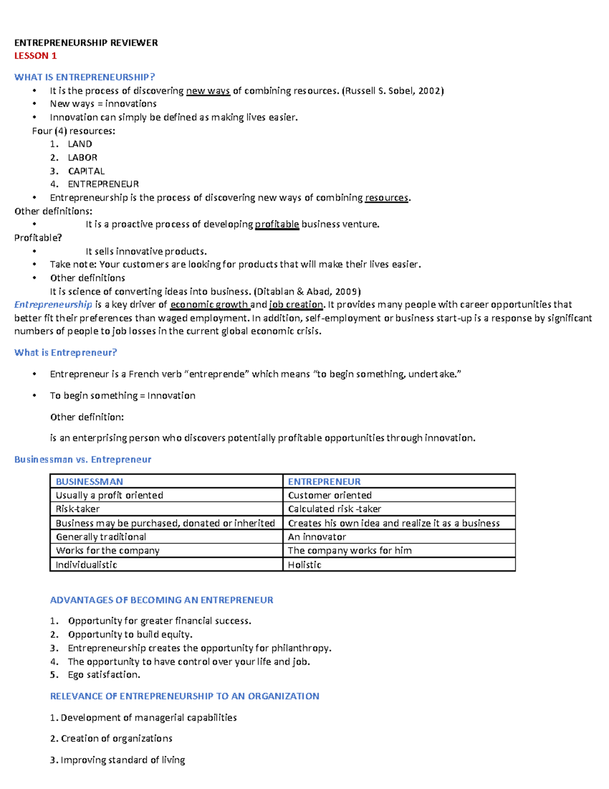 Entrep- Reviewer - LESSON 1 WHAT IS ENTREPRENEURSHIP? It is the process ...