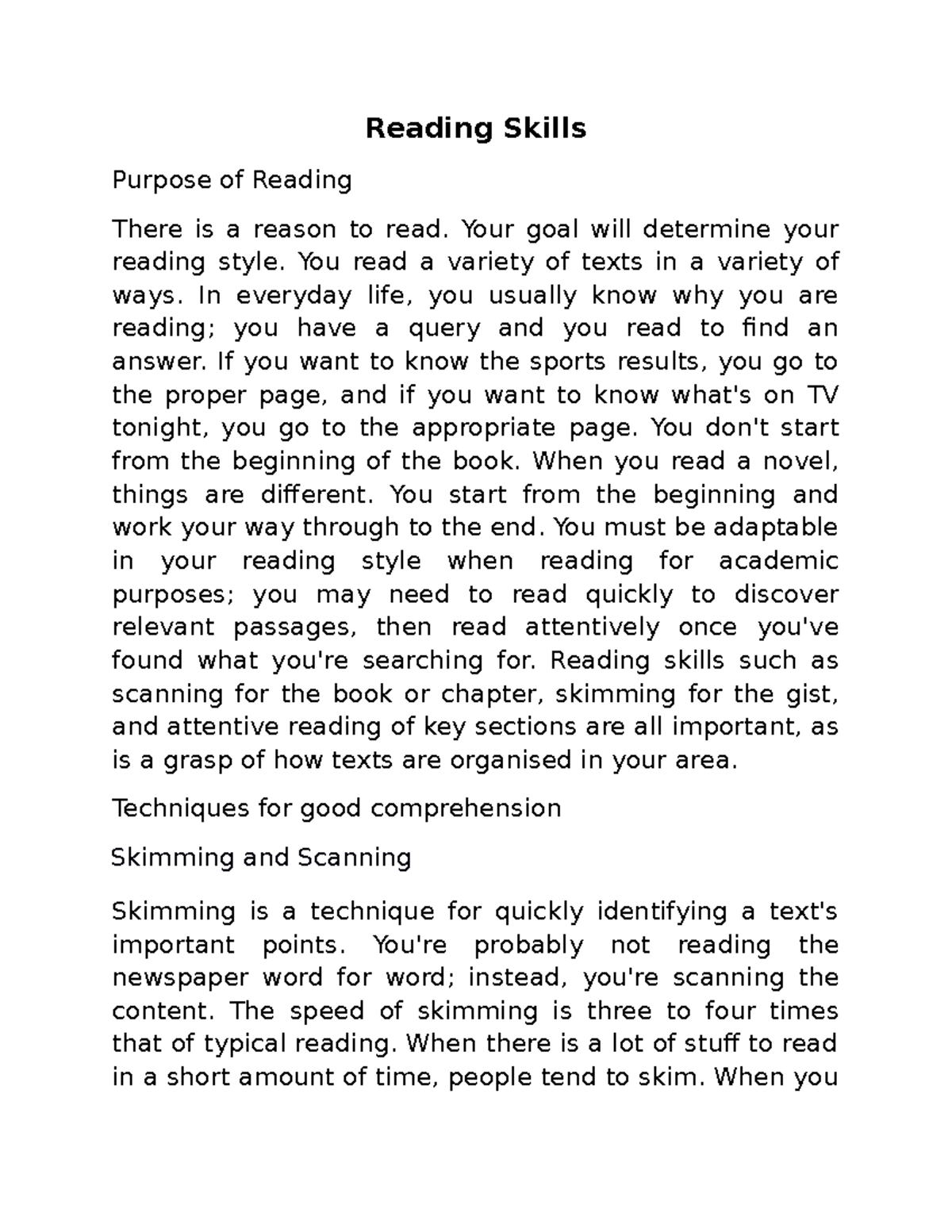 Reading Skills - Lecture notes 3 - Reading Skills Purpose of Reading ...