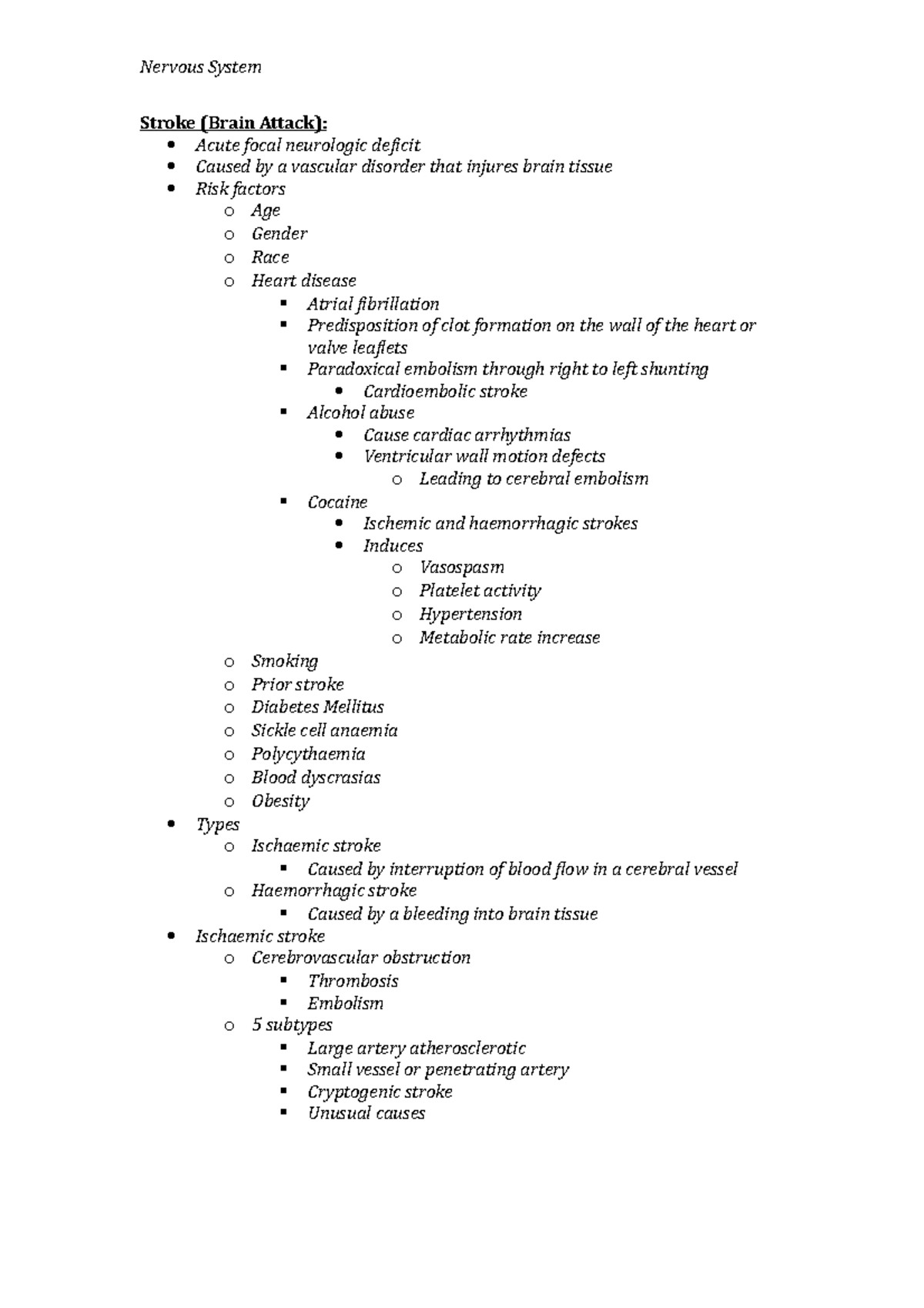 Stroke Lecture Notes - Nervous System Stroke (Brain Attack): Acute ...