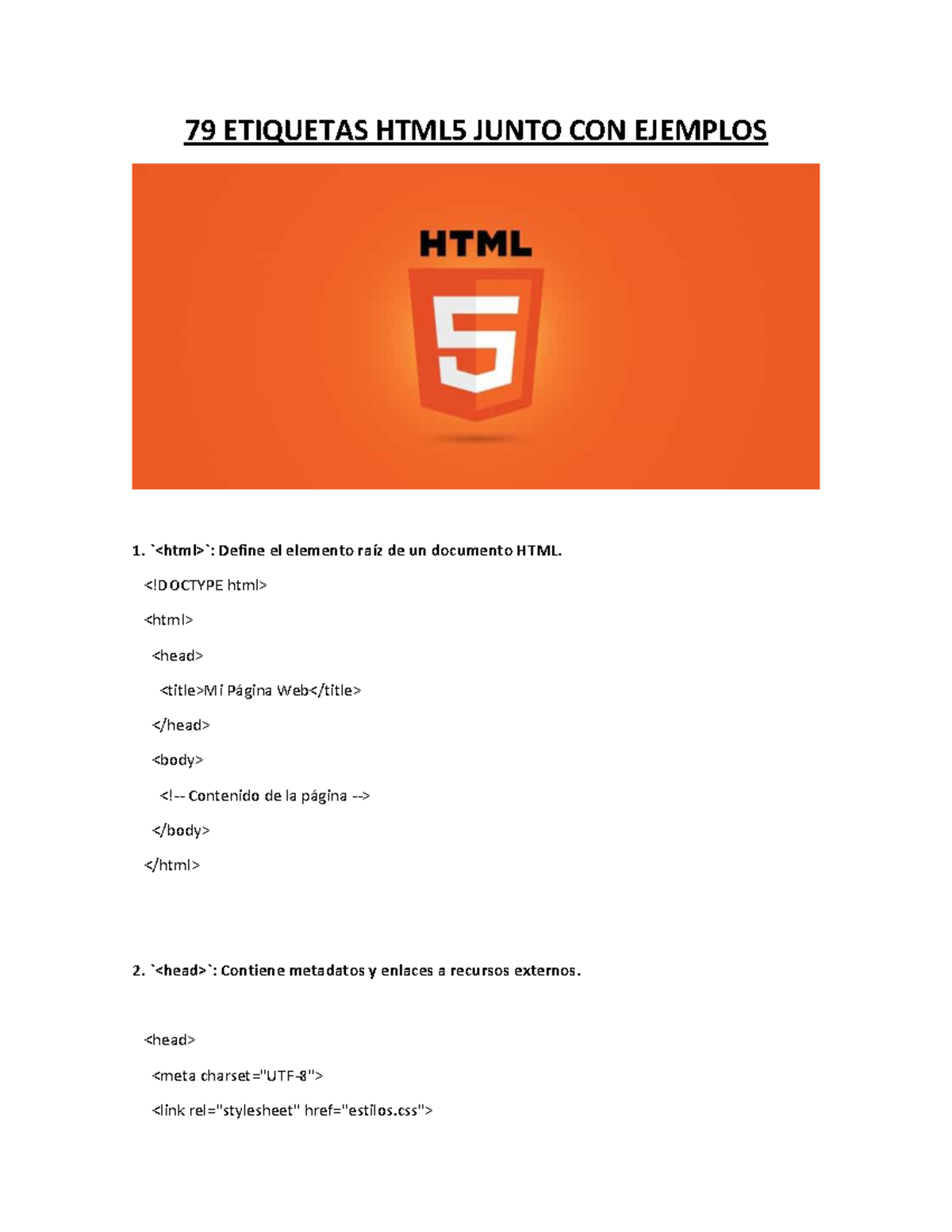 79 Etiquetas HTML5 Junto CON Ejemplos - 7 9 ETIQUETAS HTML5 JUNTO CON EJEMPLOS : - Studocu